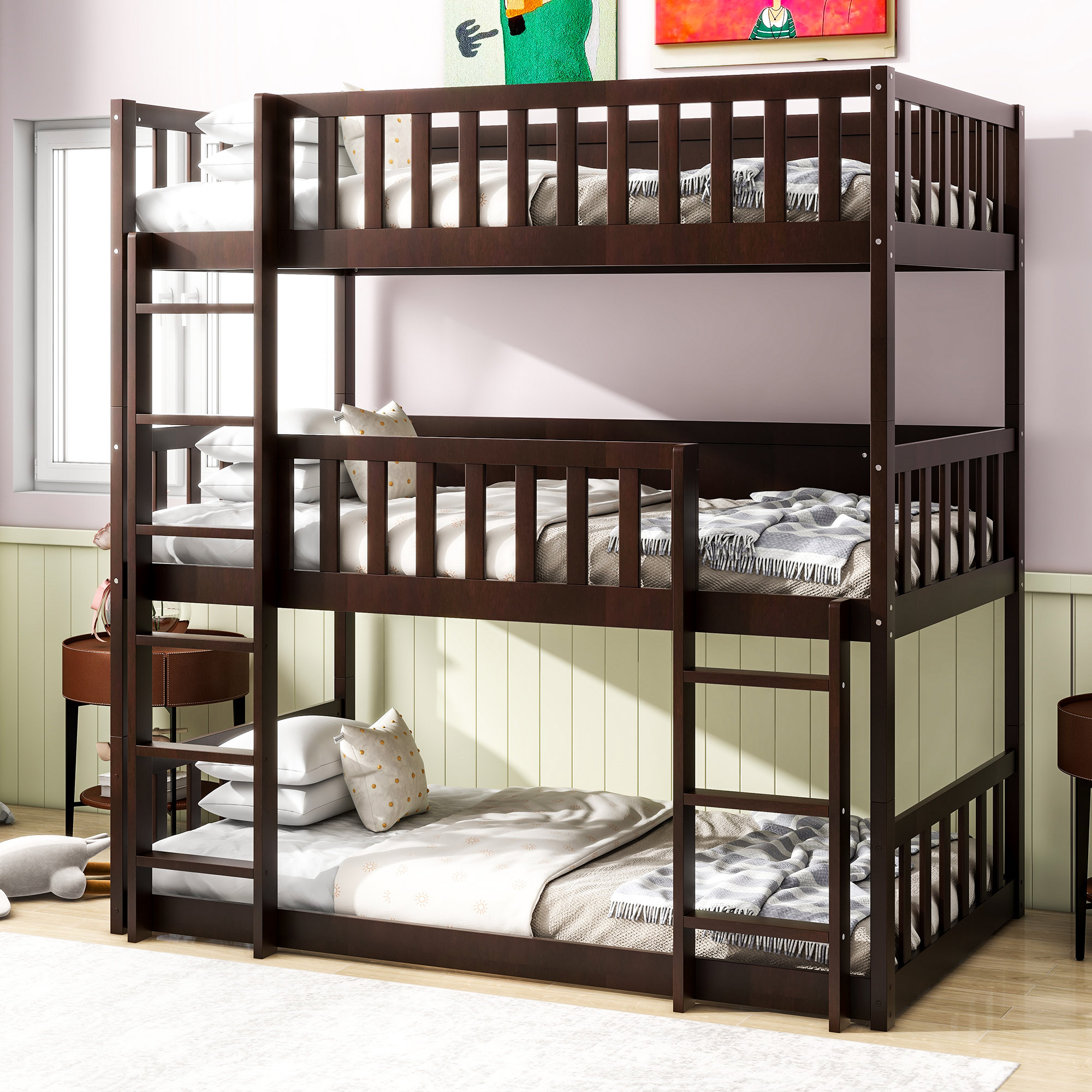 Latitude Run® Twin Size Triple Rubber Wood Bunk Bed, with Ladders, Guardrails Detachable Bunk ...