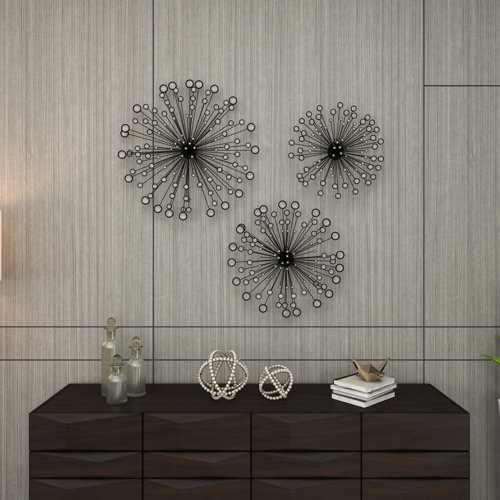 Everly Quinn 3 Piece Black Metal Starburst Wall Decor with Crystal ...