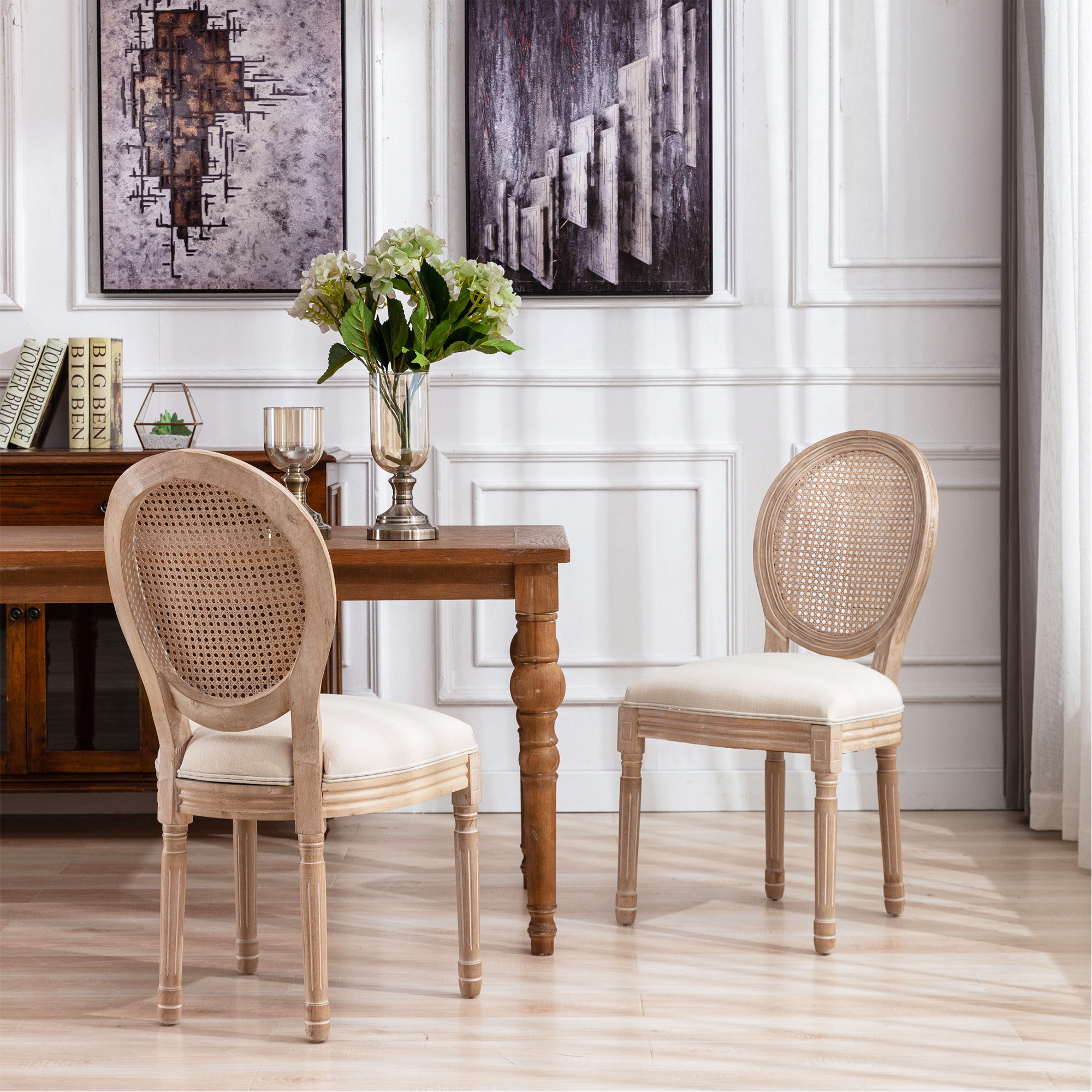 One Allium Way® Solid Wood Rattan Back Dining Chair With Antique Linen ...