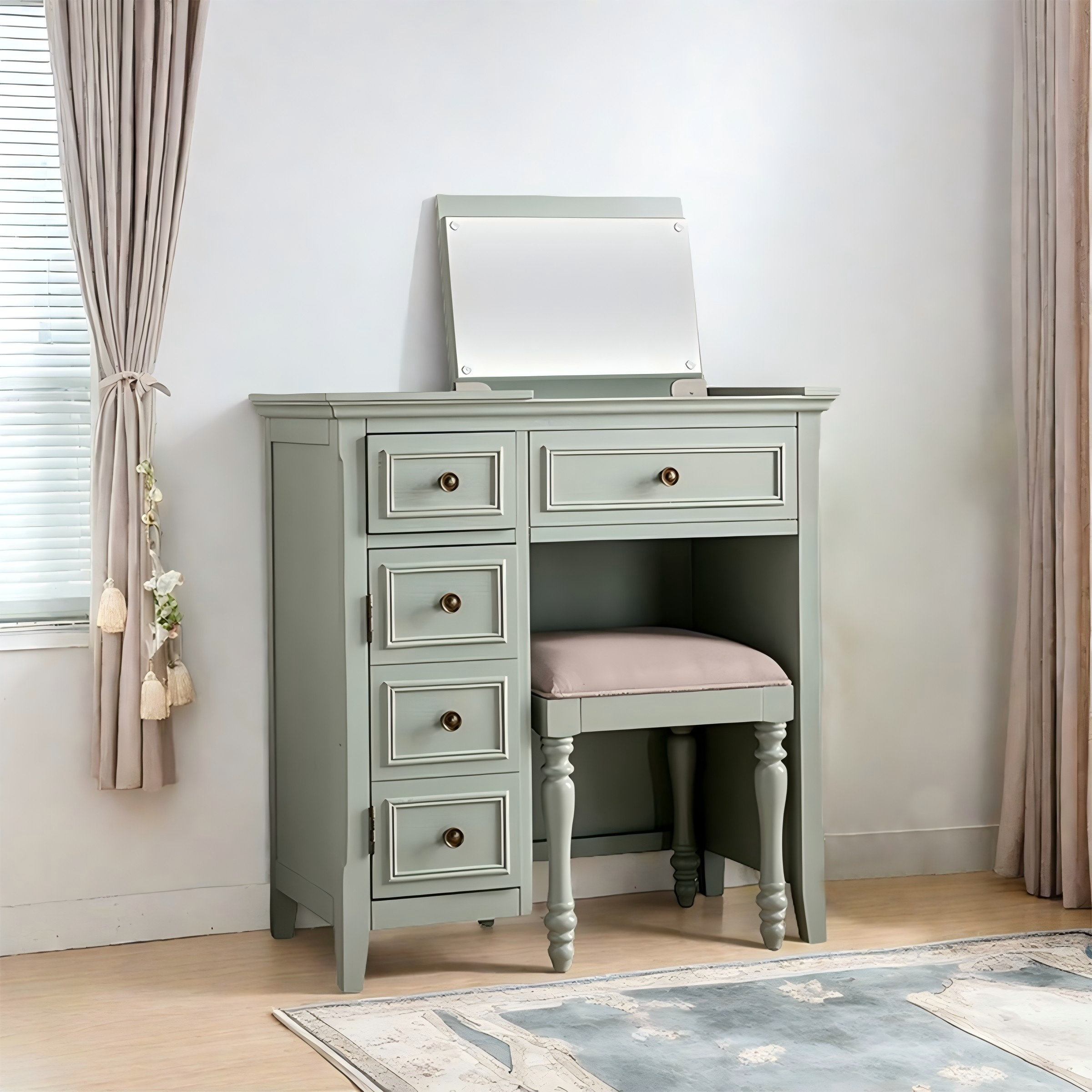Canora Grey Minimalist green solid wood flip-top dressing table ...