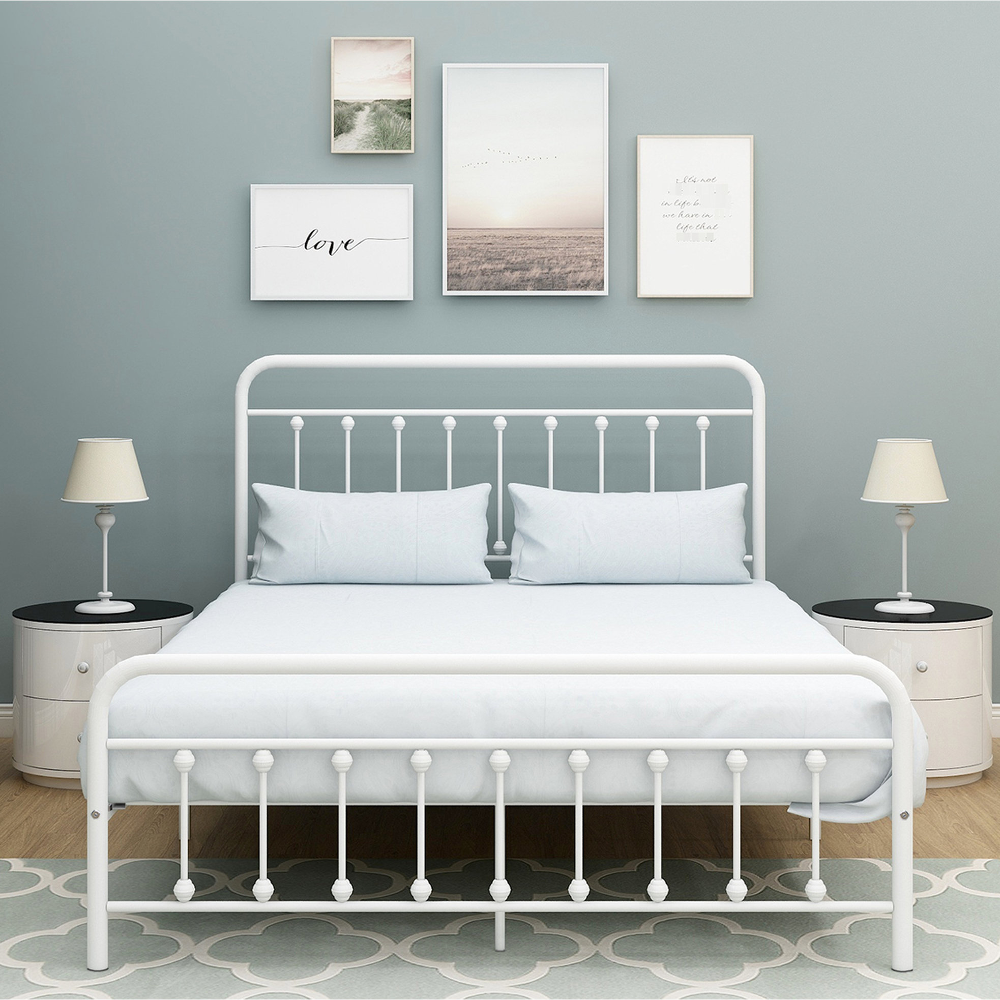 Latitude Run® Queen Size White Metal Platform Bed With Victorian ...