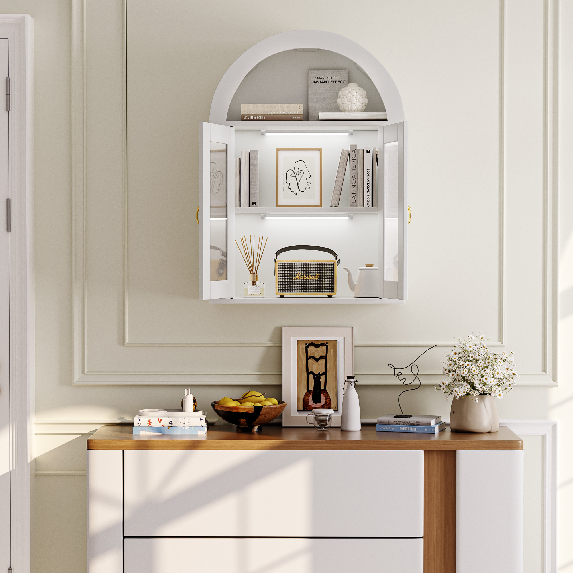 HOMEIBRO Modern Arched Wall Cabinet With Adjustable Shelves And LED ...