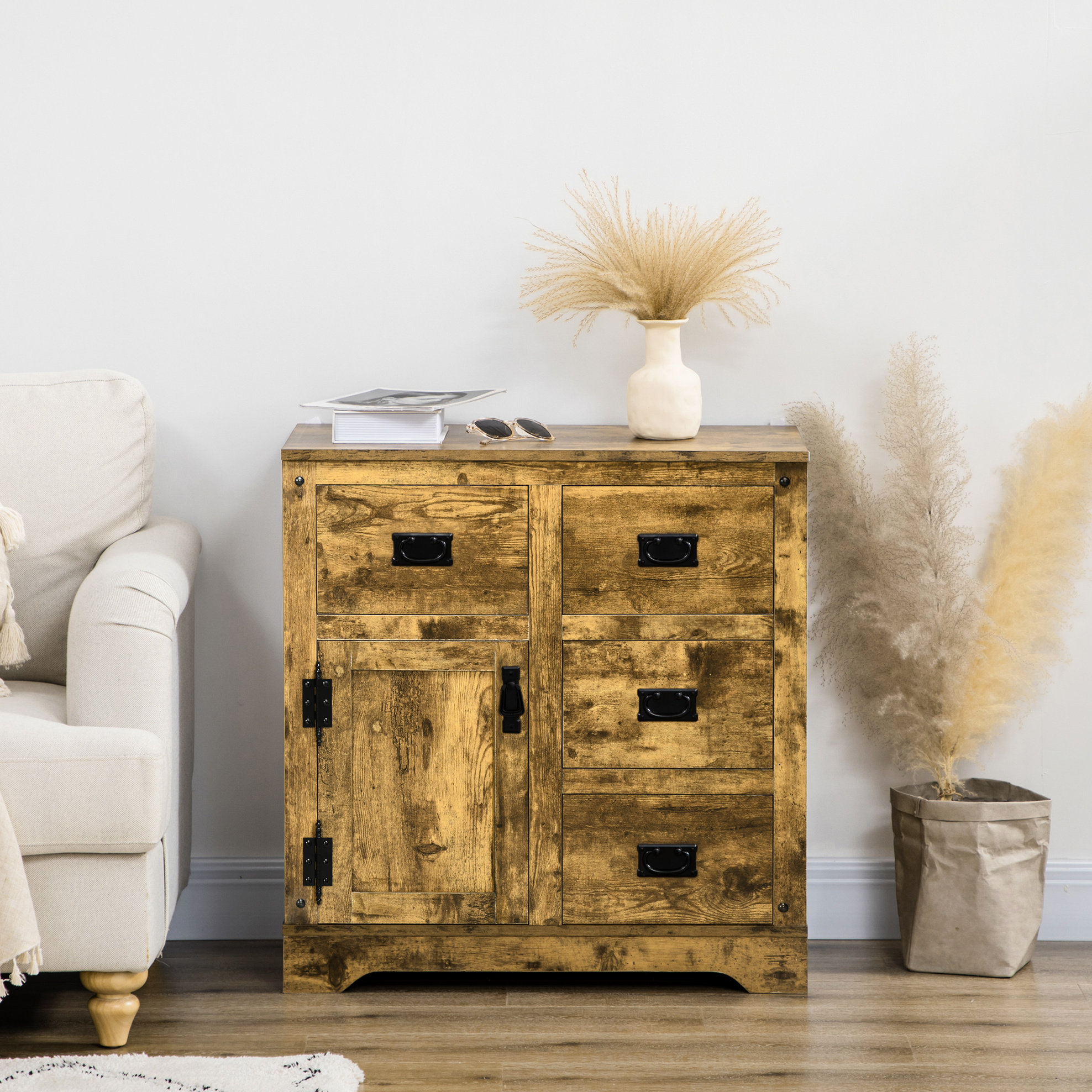 Williston Forge Rustic Brown Kitchen Cabinet With 4 Drawers, 1 Door And ...