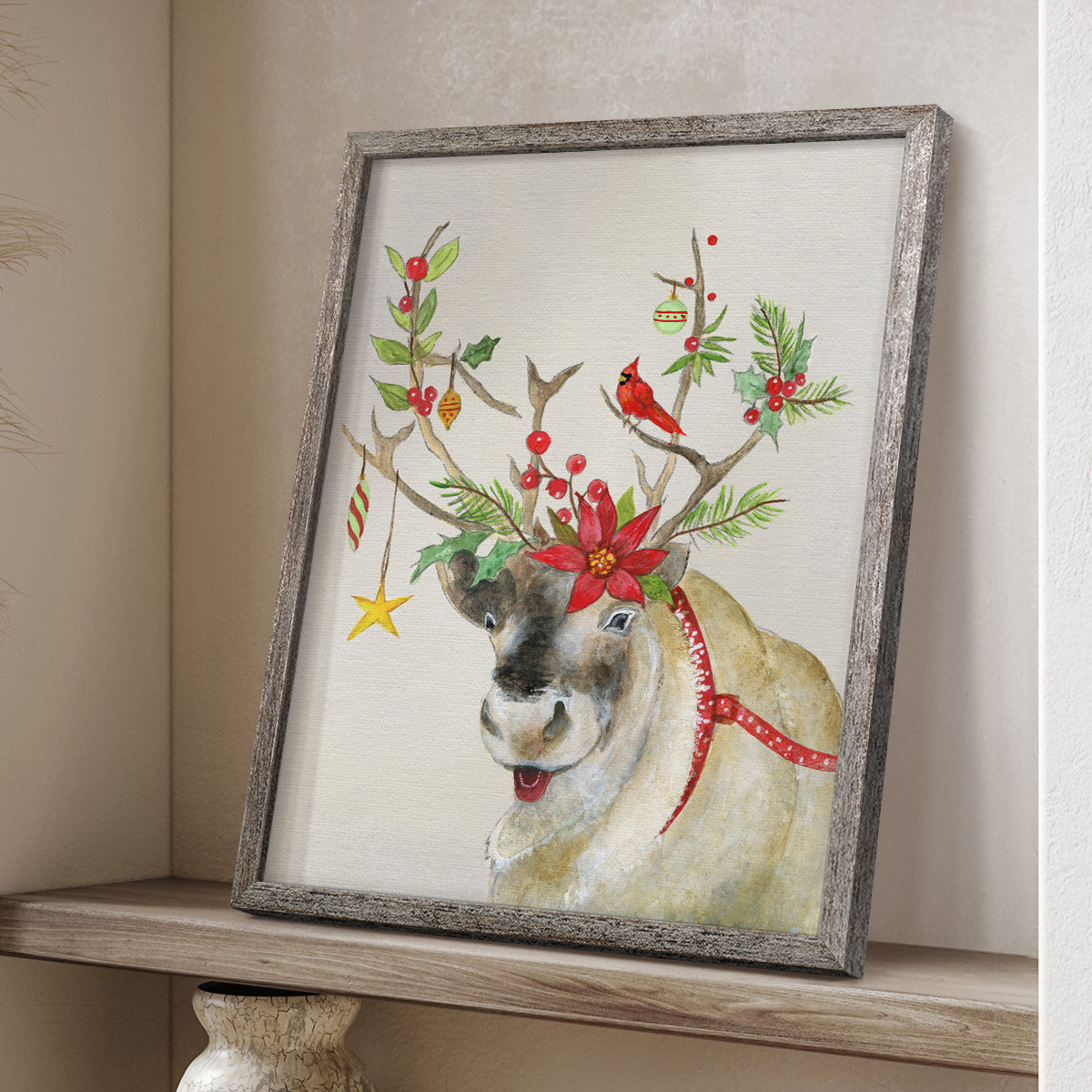The Holiday Aisle® Playful Reindeer II Framed Print - Solid Wood | Wayfair