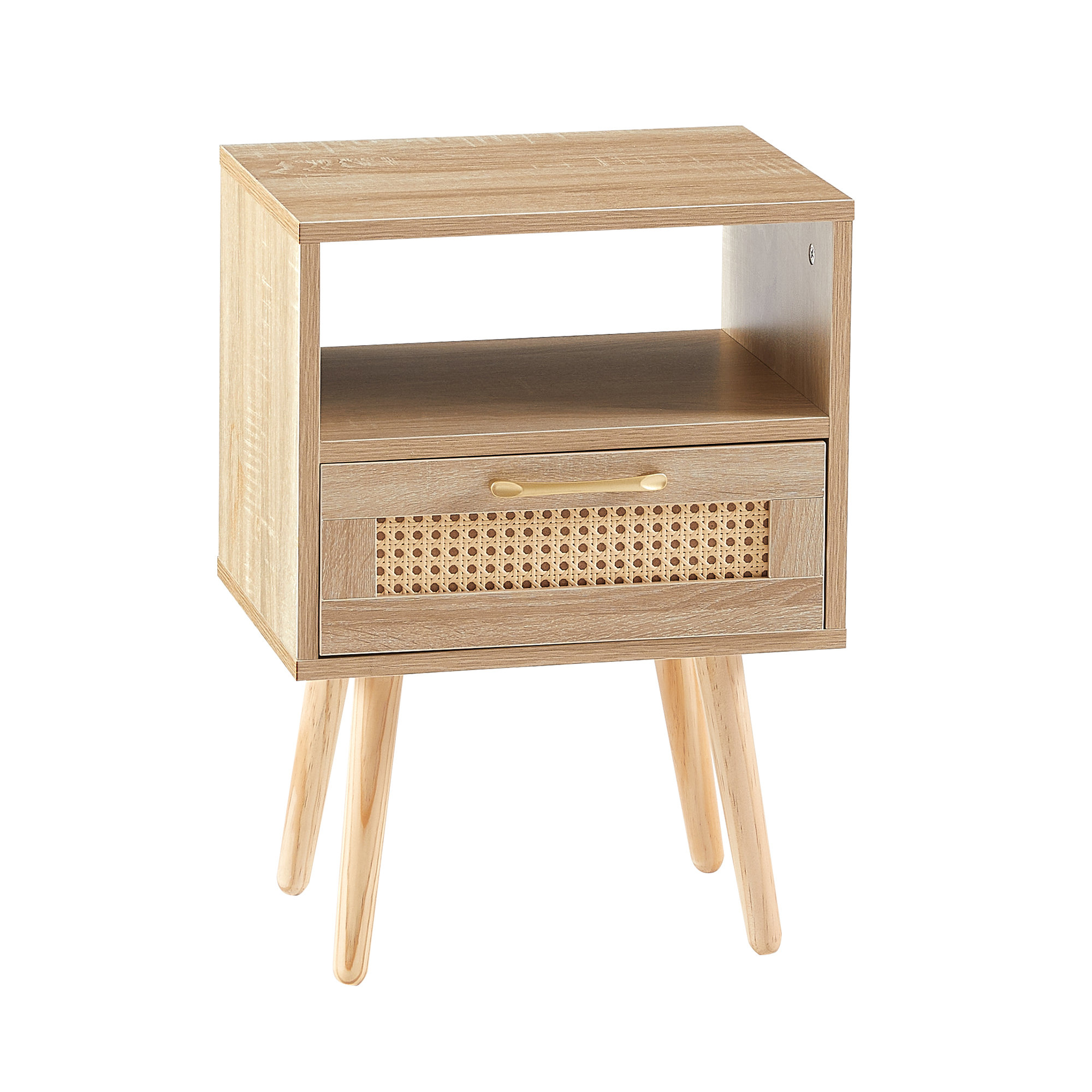 George Oliver Modern Rattan Side Table With Drawer & Solid Wood Legs ...