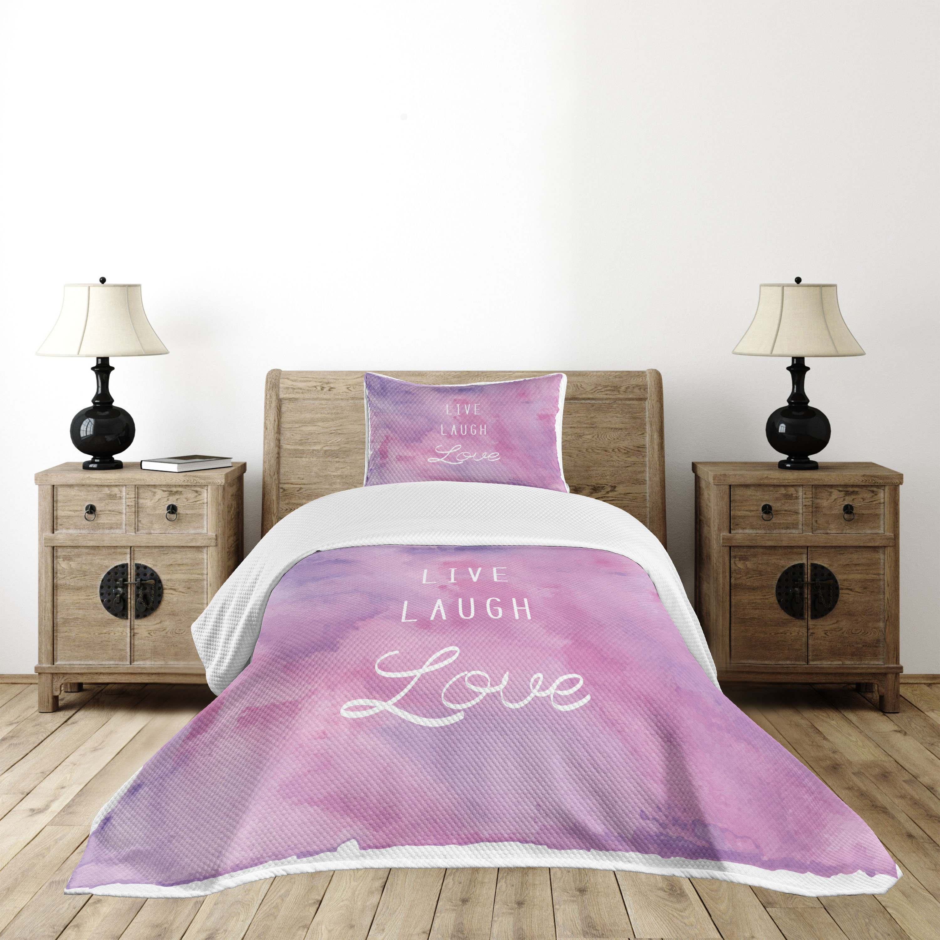 Ambesonne Live Laugh Love Bedspread Dreamy Positive Pale Pink Lavender ...