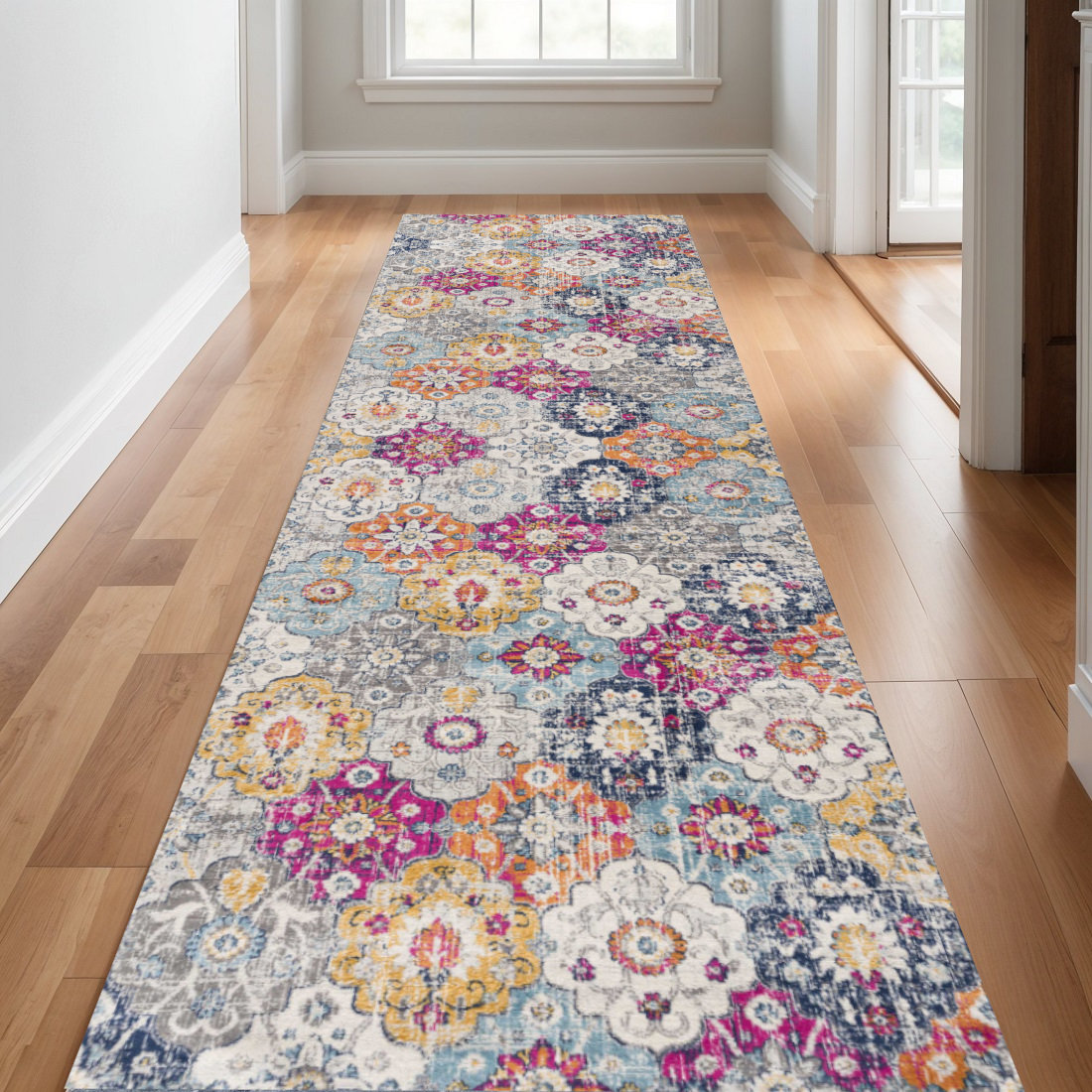 Bungalow Rose 25' Runner Rust Gray And Sky Blue Floral Runner Rug | Wayfair