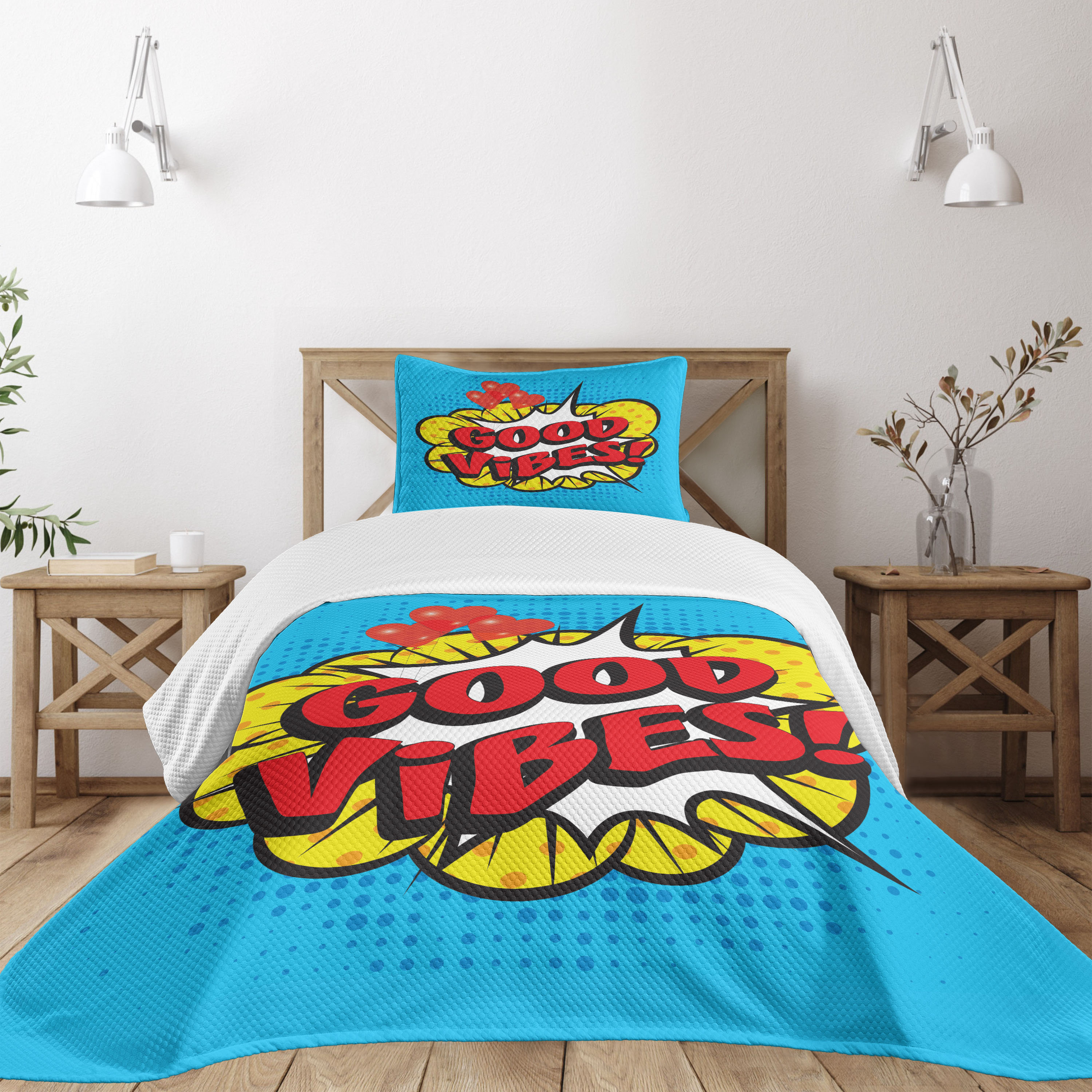 Ambesonne Chill Bedspread Set Pop Speech Bubble Blue Yellow Vermilion ...