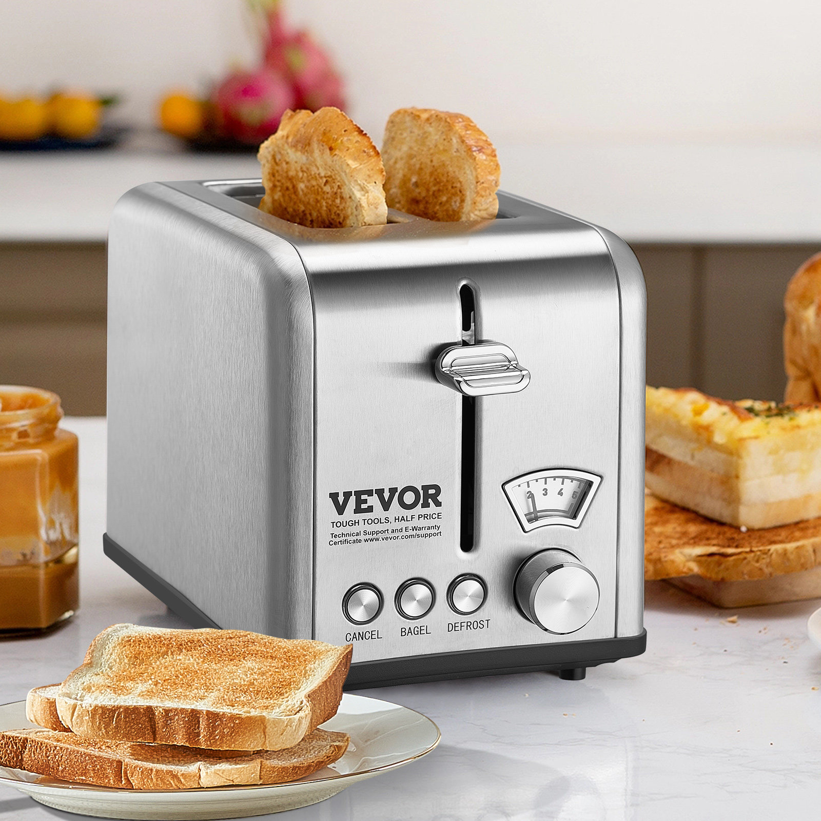 VEVOR Retro Stainless Steel Toaster, 2 Slice, 825W 1.5'' Extra Wide ...