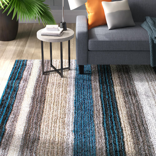 Langley Street City Striped Shag Tufted Performance Brown/Teal/Blue Rug ...