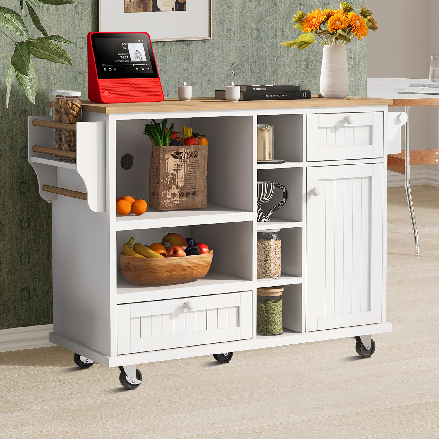 Red Barrel Studio® Jernegan Versatile Solid Wood Top Kitchen Island with Adjustable Shelves and ...