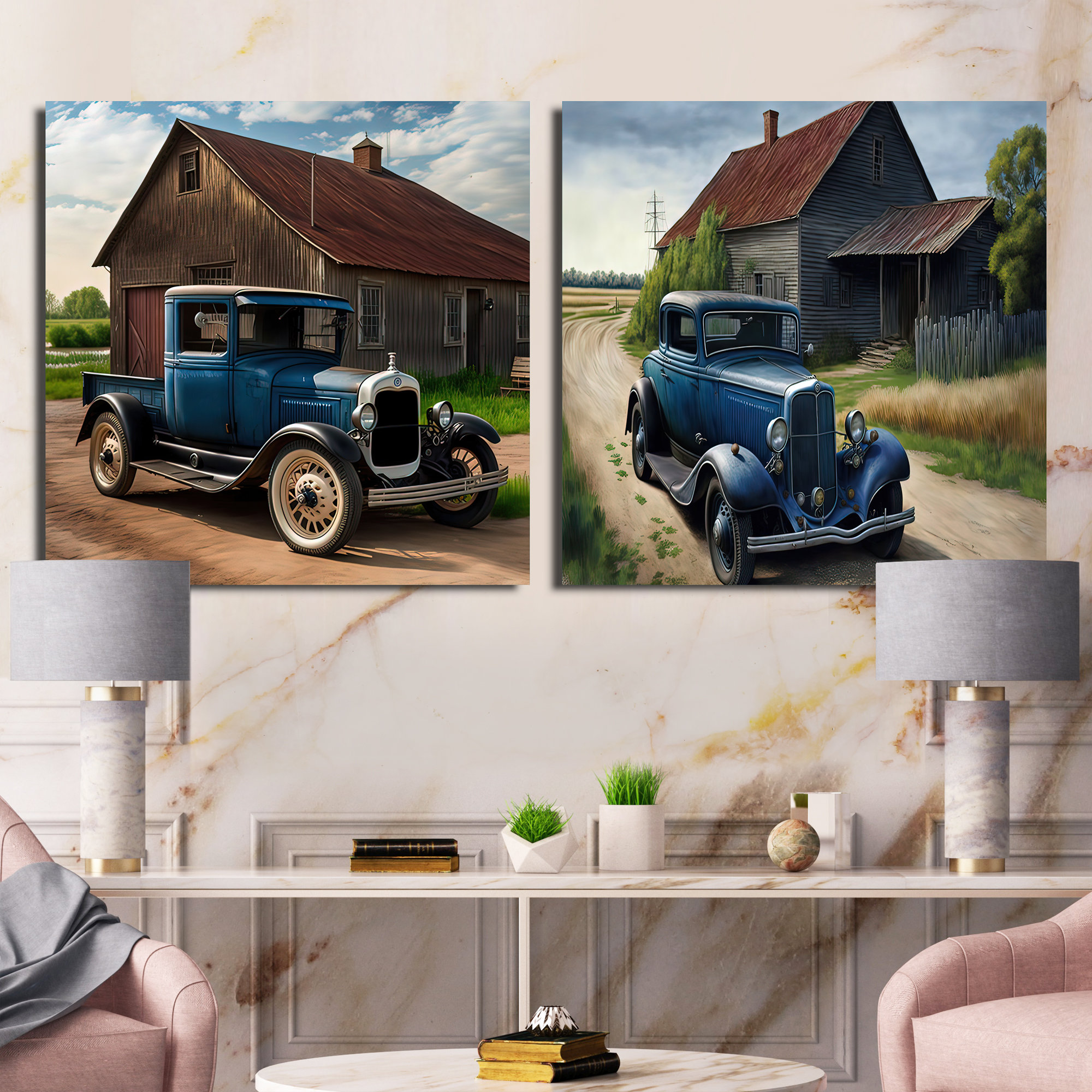 August Grove® 30S Ford Car In Barn II - Vintage Car Square Collage Set ...