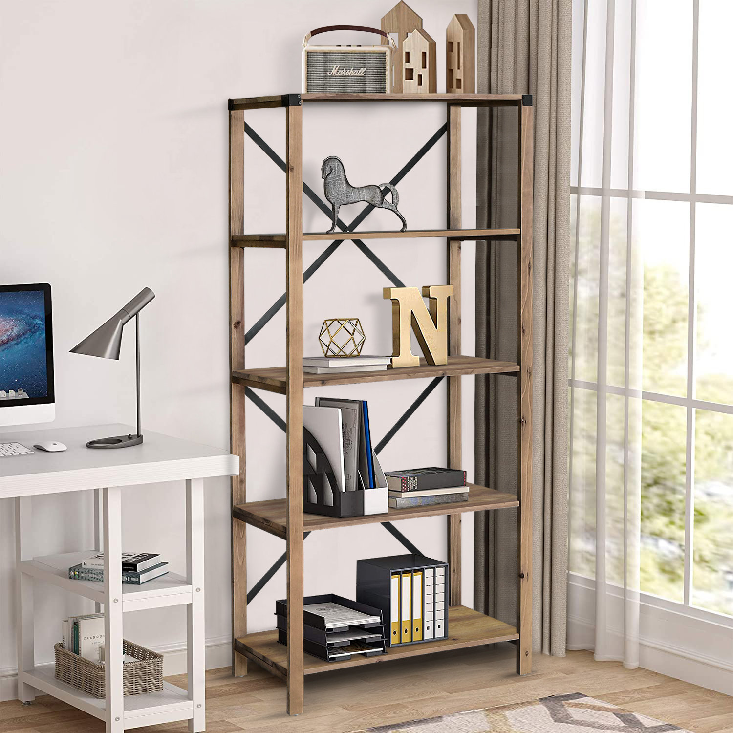 17 Stories 5tier Bookshelf - Wooden Book Shelf Industrial Bookcase ...