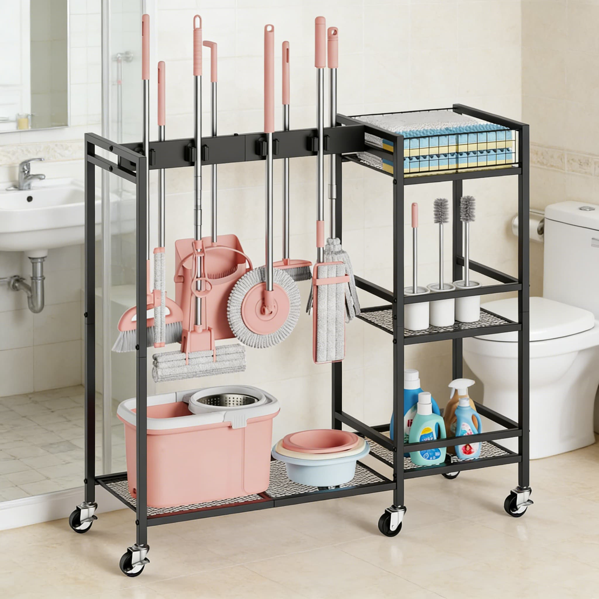 WFX Utility™ Cleaning Cart With Wheels, 2-In-1 Broom And Mop Holder ...
