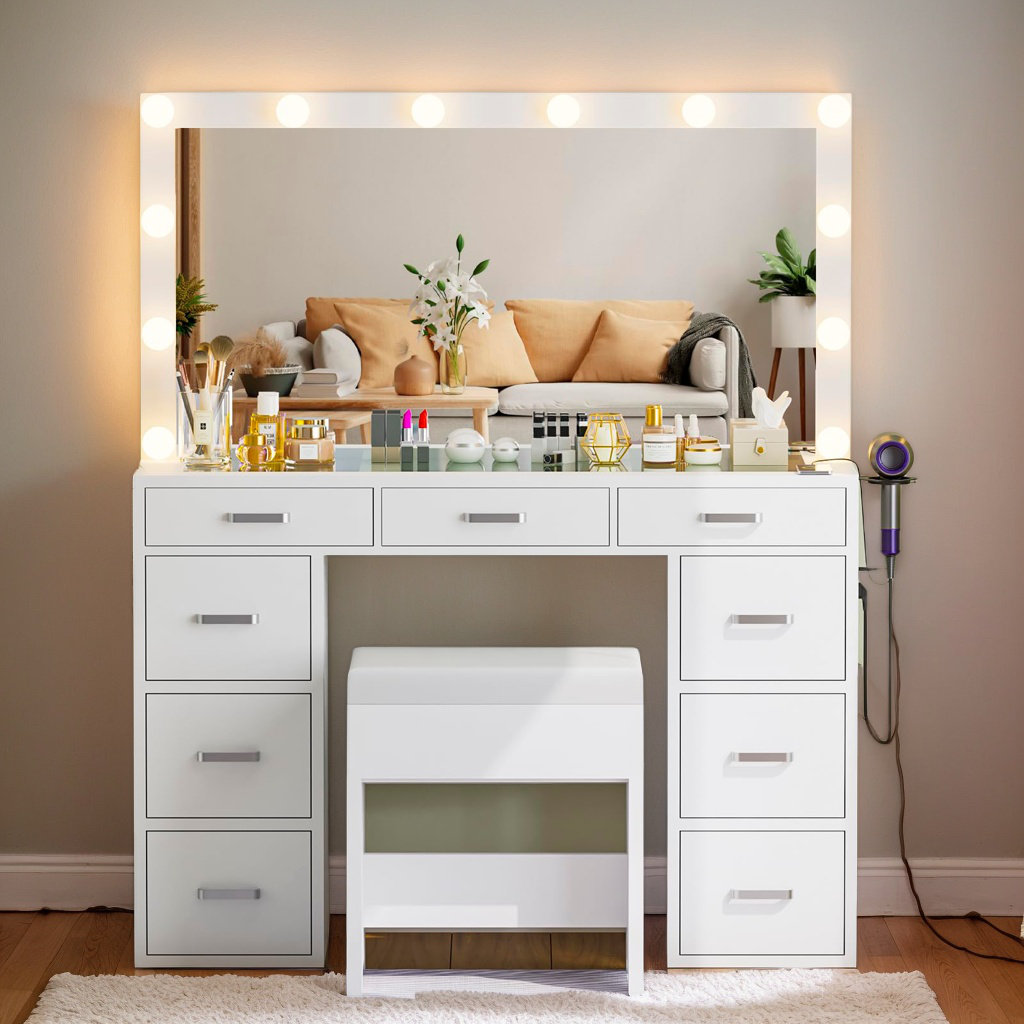 Latitude Run® Vanity With Mirror, 9 Drawers, Charging Station,3 ...