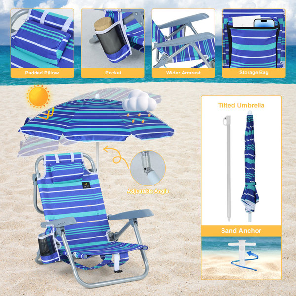 Arlmont & Co. Kids Folding Beach Chair with 5 Reclining Positions, Tilt ...