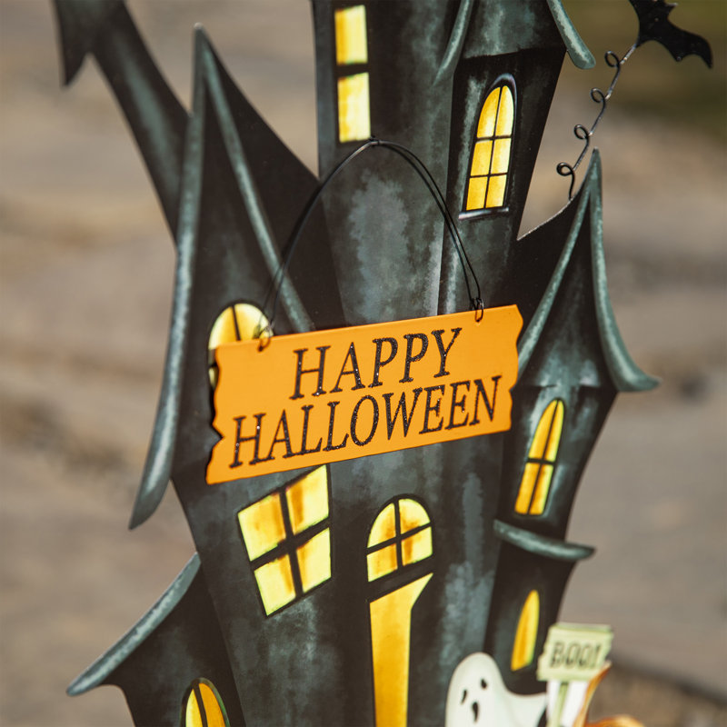 The Holiday Aisle® 32"H Halloween Metal Haunted House Yard Stake | Wayfair
