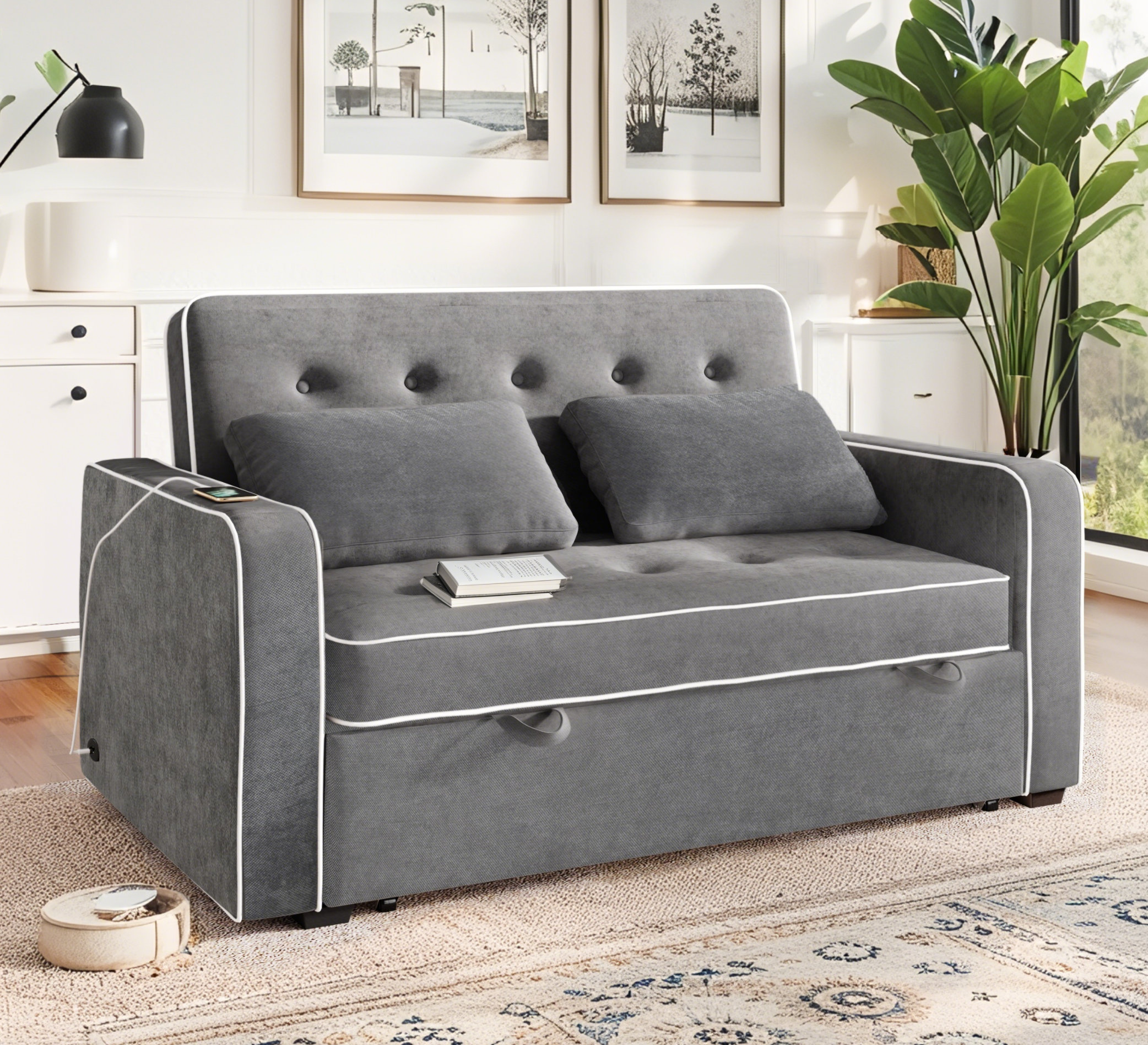 George Oliver 61.4" Upholstered Sleeper Sofa Bed - 3-In-1 With Dual USB ...