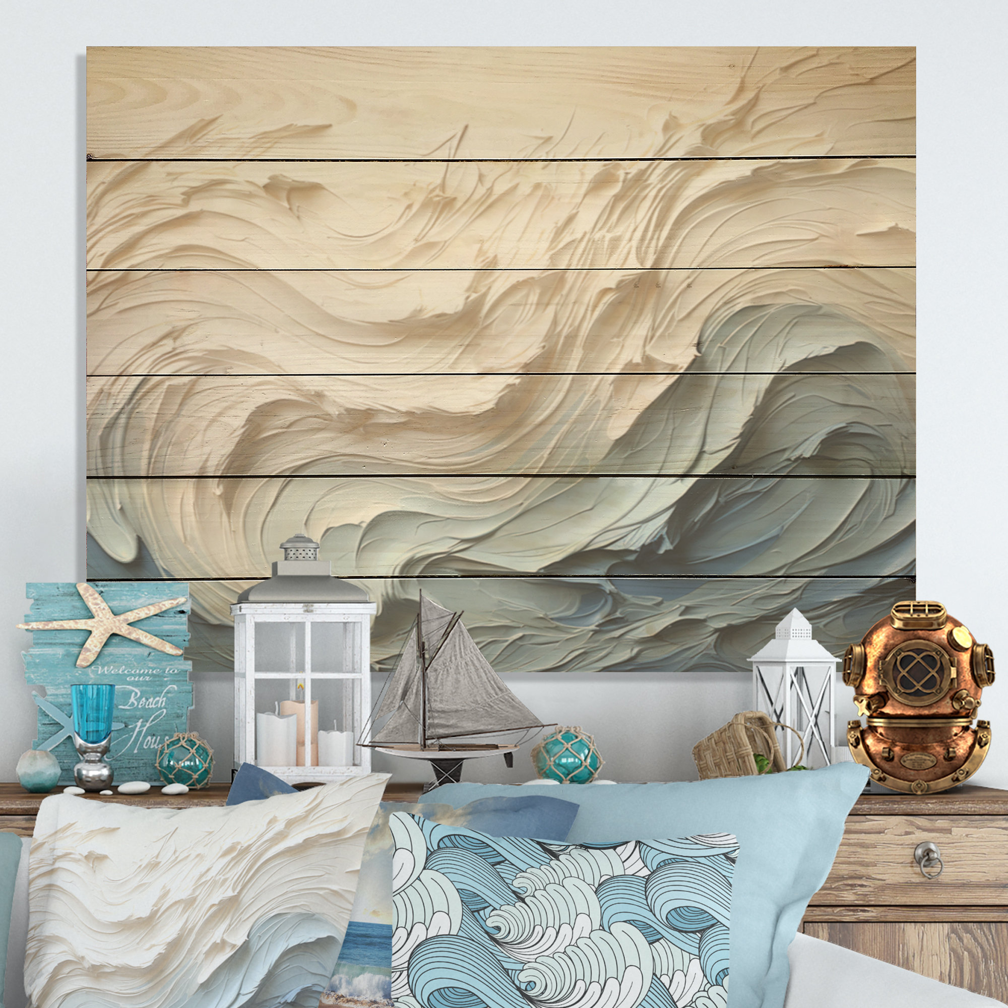 Ivy Bronx White And Blue Wave Papercut Style - Coastal Waves Wood Wall ...