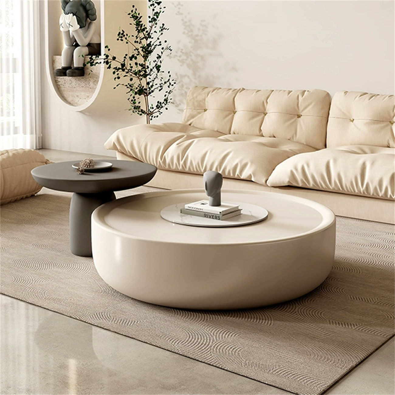 Ivy Bronx Kerti Modern Simple Round Coffee Table Home Cream Style ...