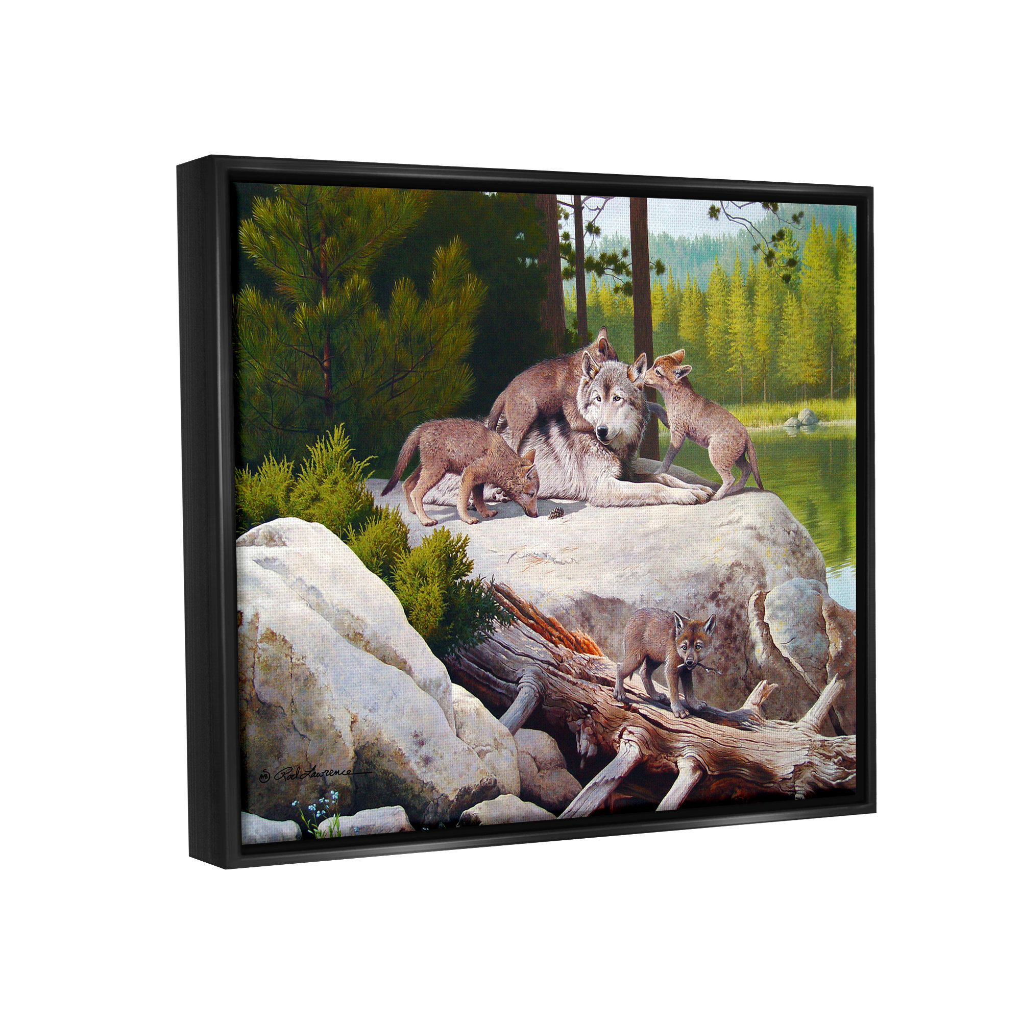 Millwood Pines Wolf And Cubs In Nature Framed On Canvas by Rod Lawrence ...