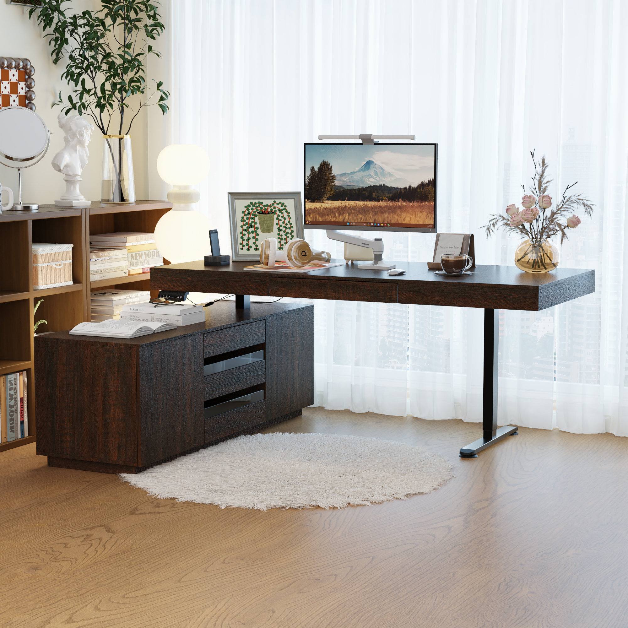 Ivy Bronx Adjustable Height L-Shaped Standing Desk With Storage Cabinet ...
