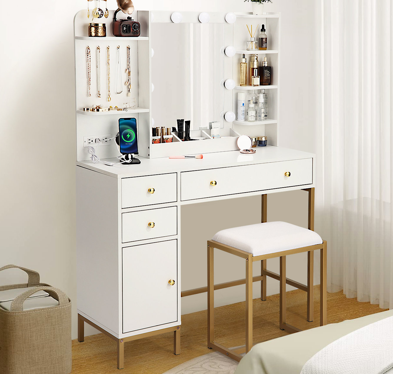 Mercer41 Multi Functional Makeup Table Set With Light | Wayfair