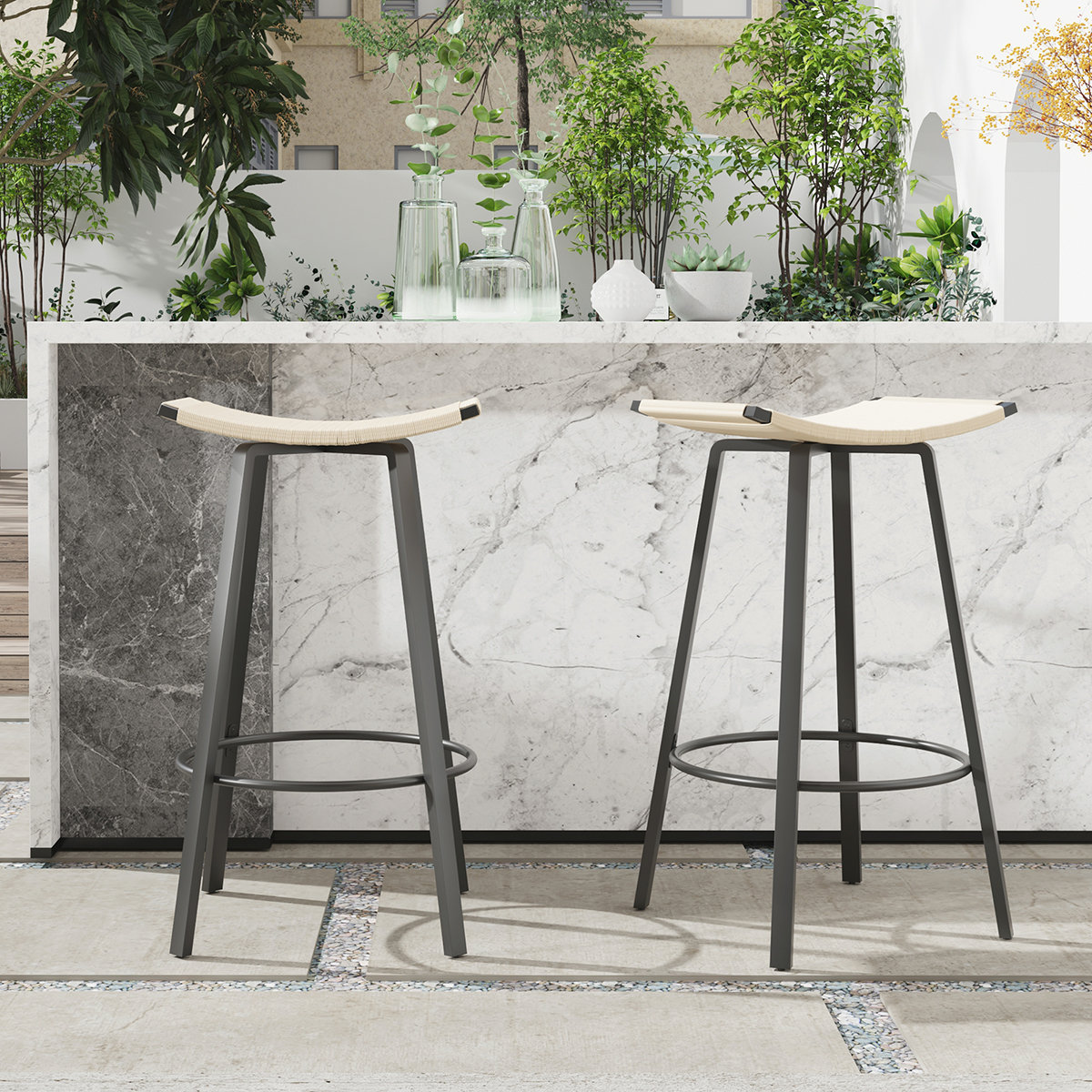 Ebern Designs Counter Height Bar Stools Backless Handwoven PVC Weaving ...