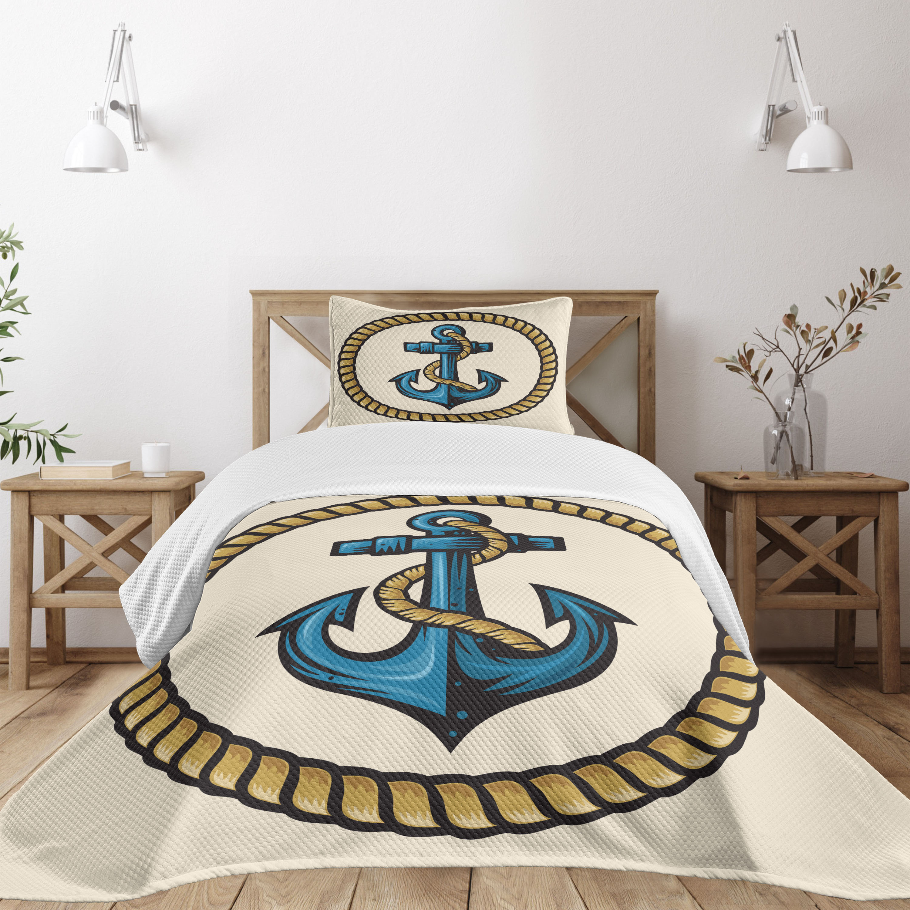 Ambesonne Anchor Bedspread Set Sailor Emblem with Pale Coffee Blue ...