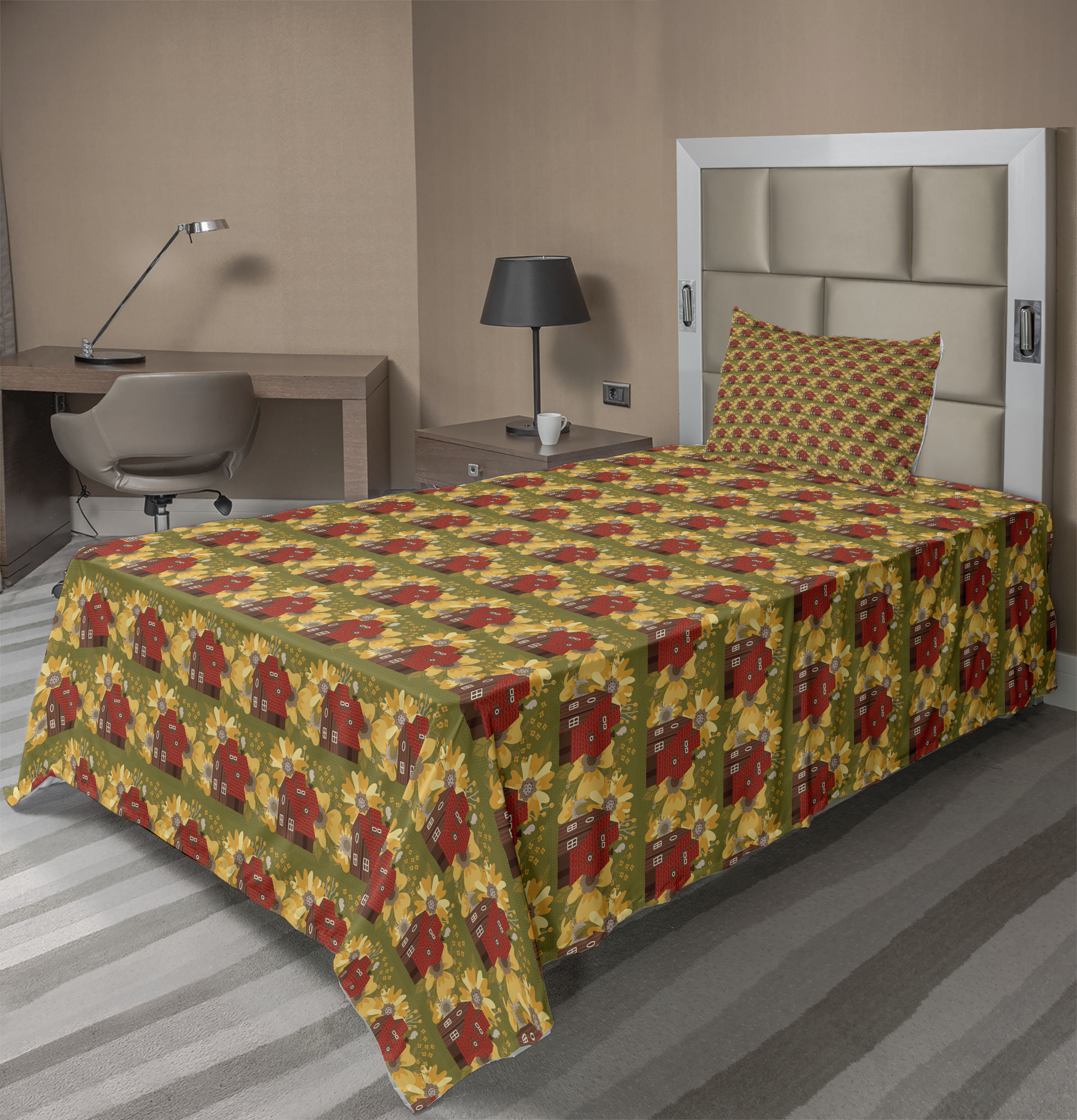 Ambesonne Town Sheet Set Houses with Huge Flowers Art Marigold Fawn and ...