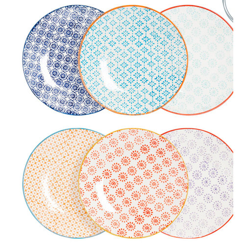 Nicola Spring - Hand-Printed Side Plates - 18cm - 6 Colours - Pack of 6 ...