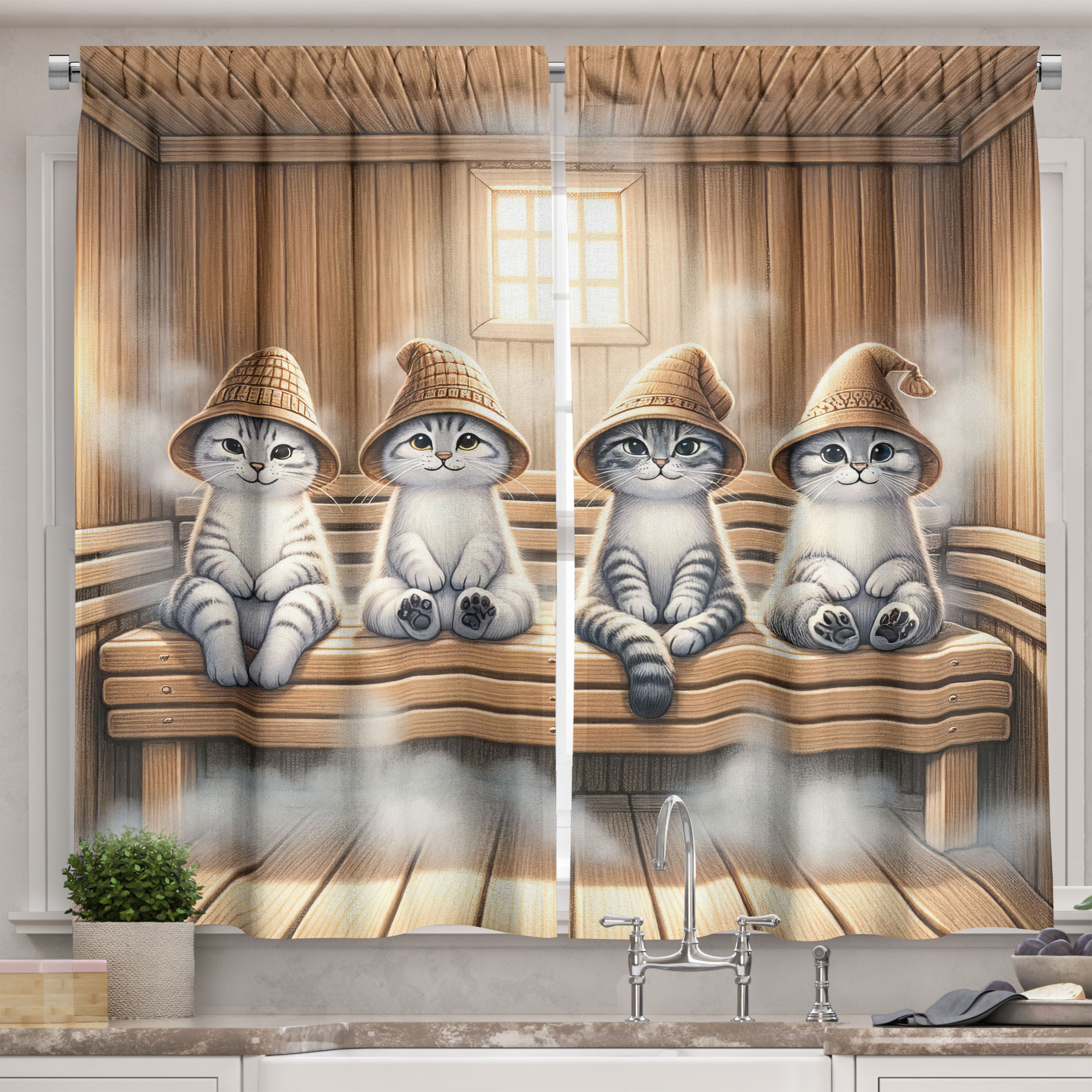 Ambesonne Cat Kitchen Curtain Funny Kittens in Hats at Sauna Pastel ...
