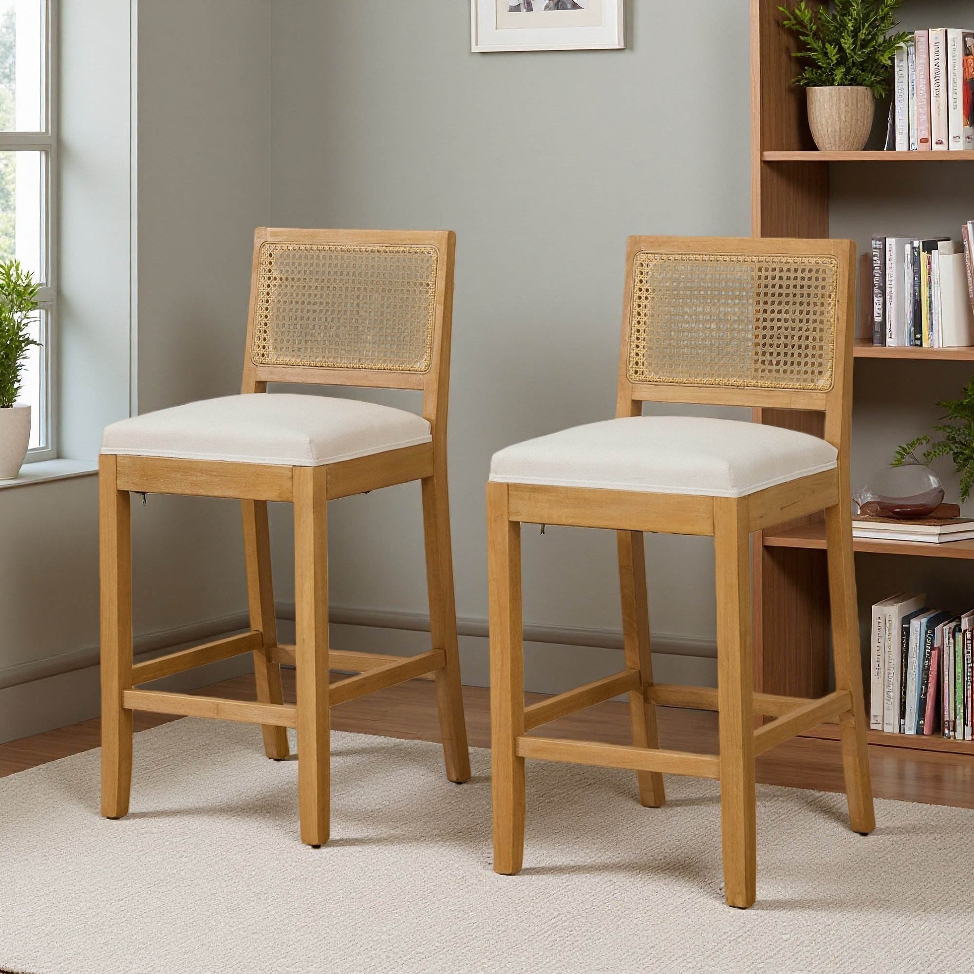 Bay Isle Home™ Full Solid Wood Rattan-Back Bar Stool, Matte Linen ...