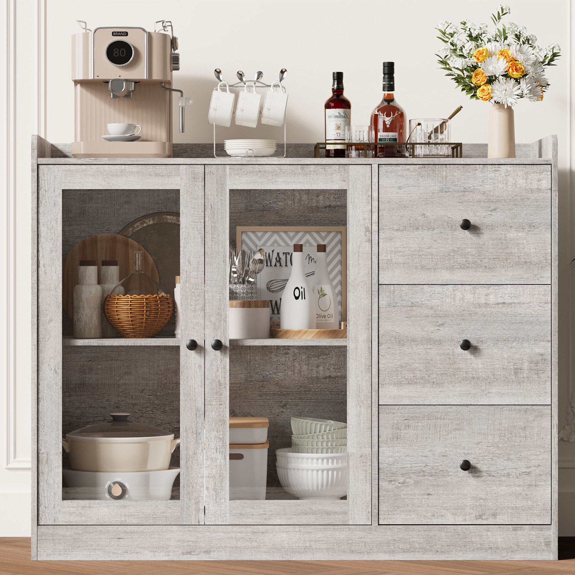 Gracie Oaks Kitchen Sideboard Cabinet, 43" Coffee Bar Cabinet With 3 ...