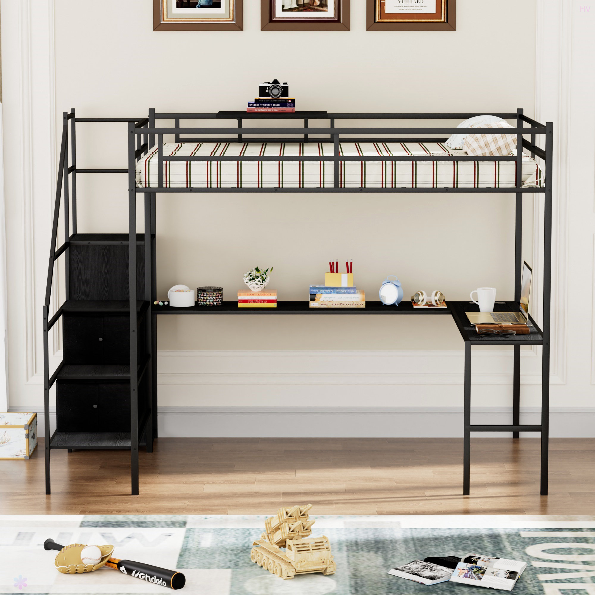 Isabelle & Max™ Metal Loft Bed With L-Shaped Desk, LED Lights, Charging ...