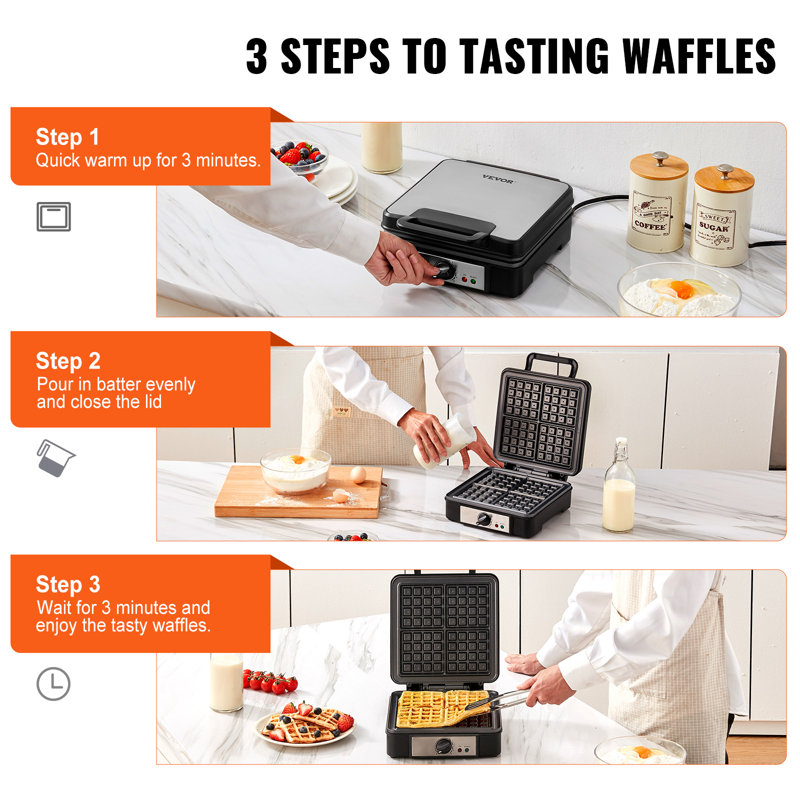 VEVOR 4 Slice Waffle Maker 1200W Square Waffle Iron, Non-Stick Waffle ...