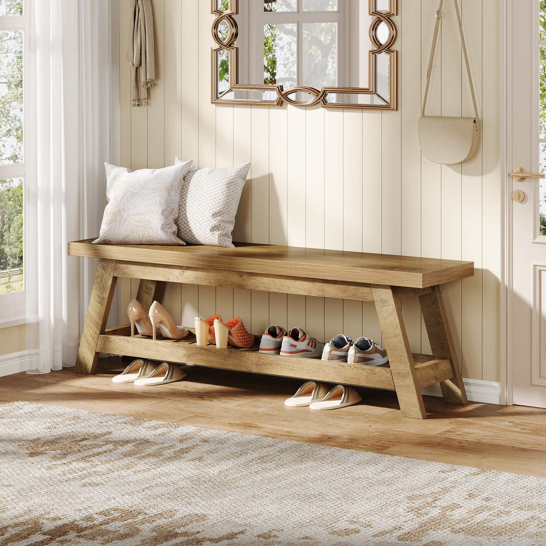 Millwood Pines Banc de 55 po en bois avec rangement pour chaussures ...