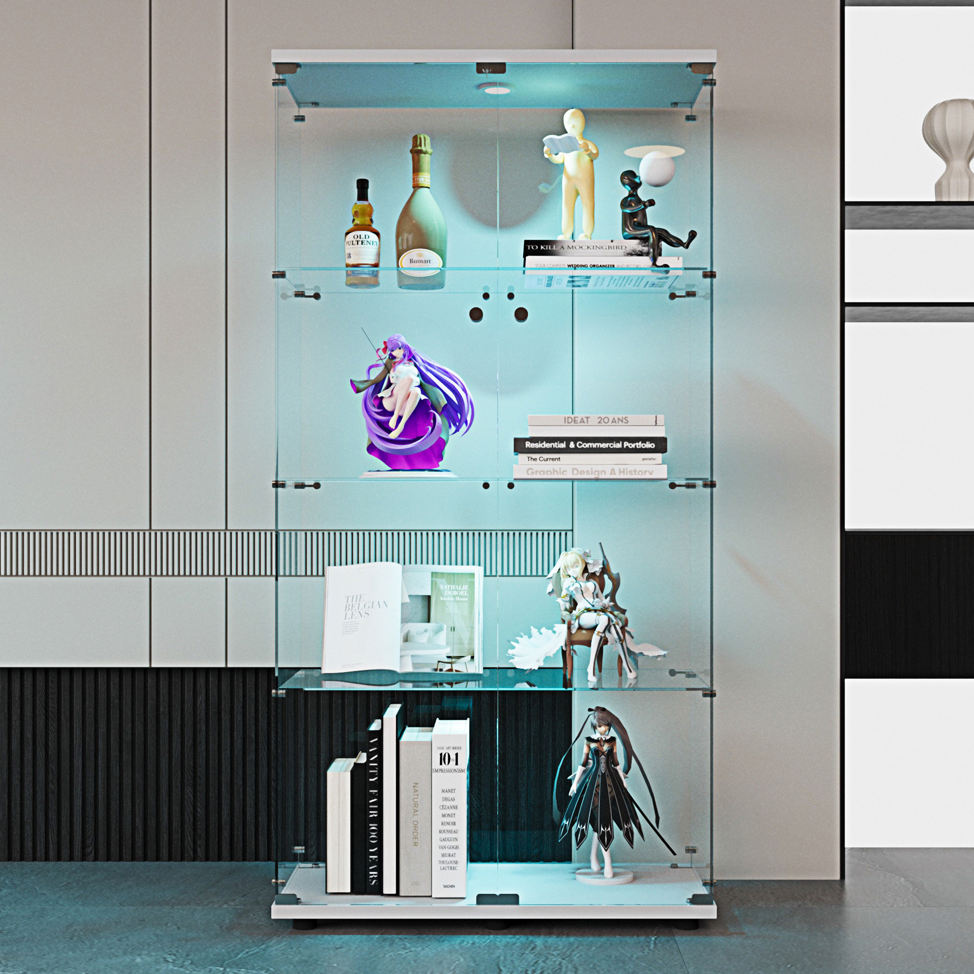 Latitude Run® Two-Door LED Lights Glass Display Cabinet 4 Shelves With ...