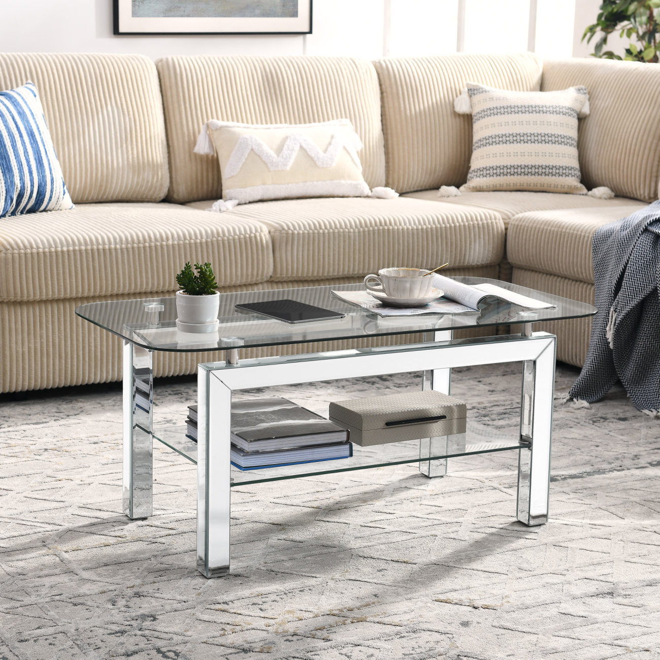 Ivy Bronx Rectangle Tempered Glass Coffee Table Tea Table Modern Side ...