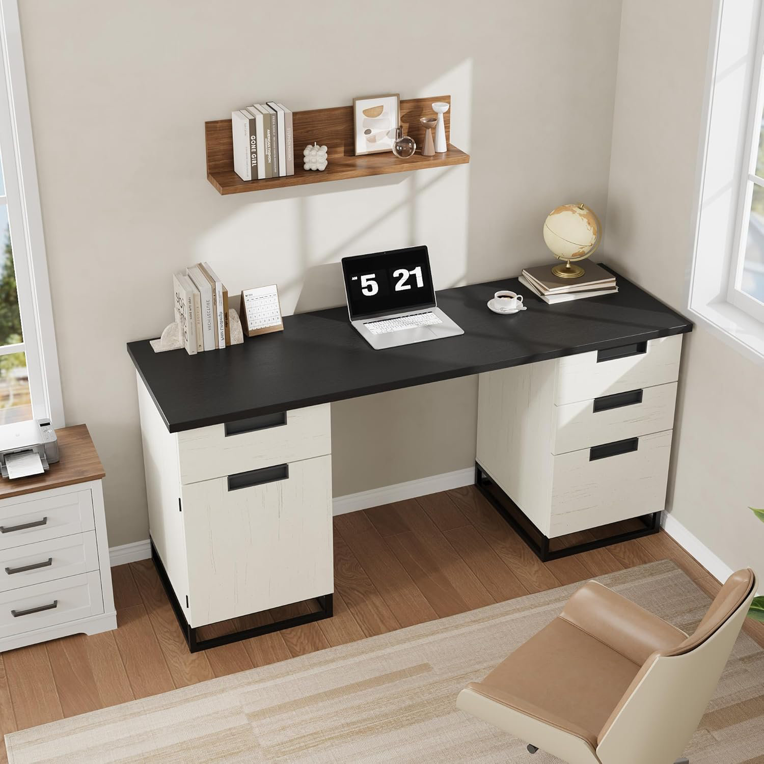 Ebern Designs 59" Farmhouse Office Desk with File Drawer & Storage ...