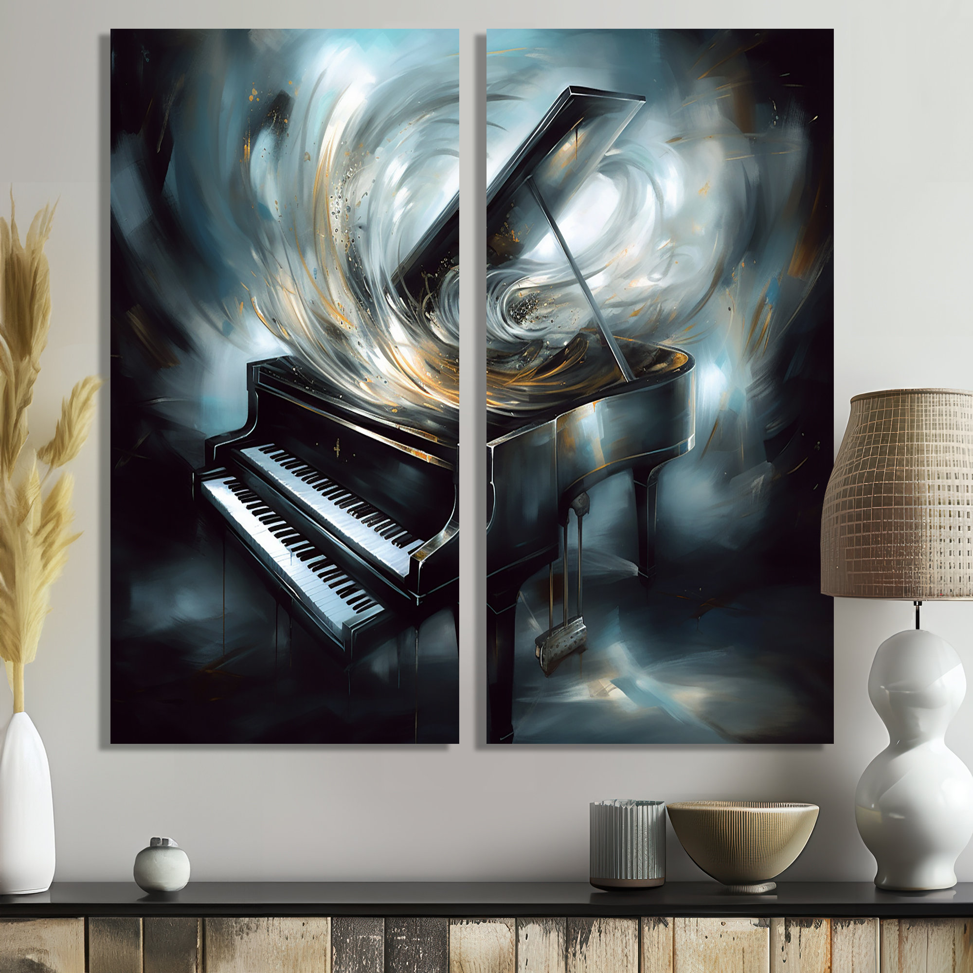 Latitude Run® Piano Abstract I - Music Oversized Wall Art 2 Panels ...