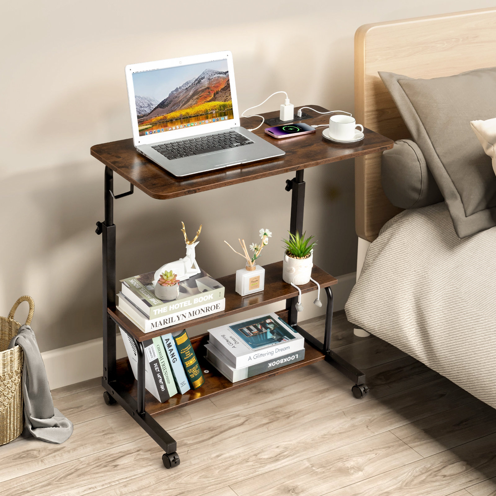 Inbox Zero Rolling & Height Adjustable Computer Desk Laptop Table Side ...