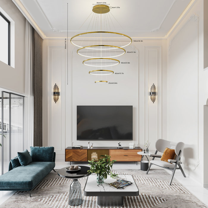 Mercer41 Bariah Modern 5-Ring Dimmable Luxury High Ceiling Pendant ...