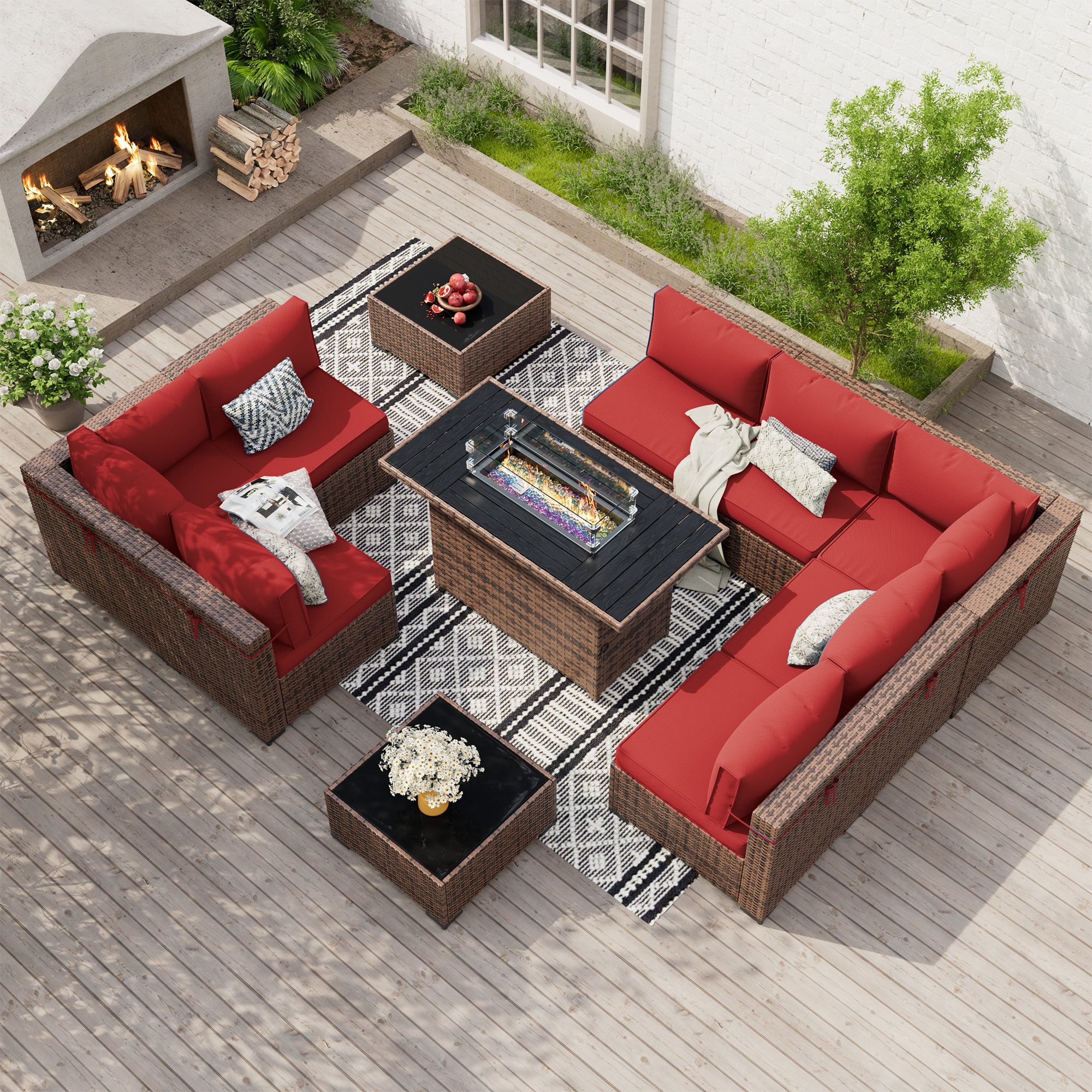 Latitude Run® Mecayla 8-Person Rattan Set with Fire Pit Table, 2 Coffee ...