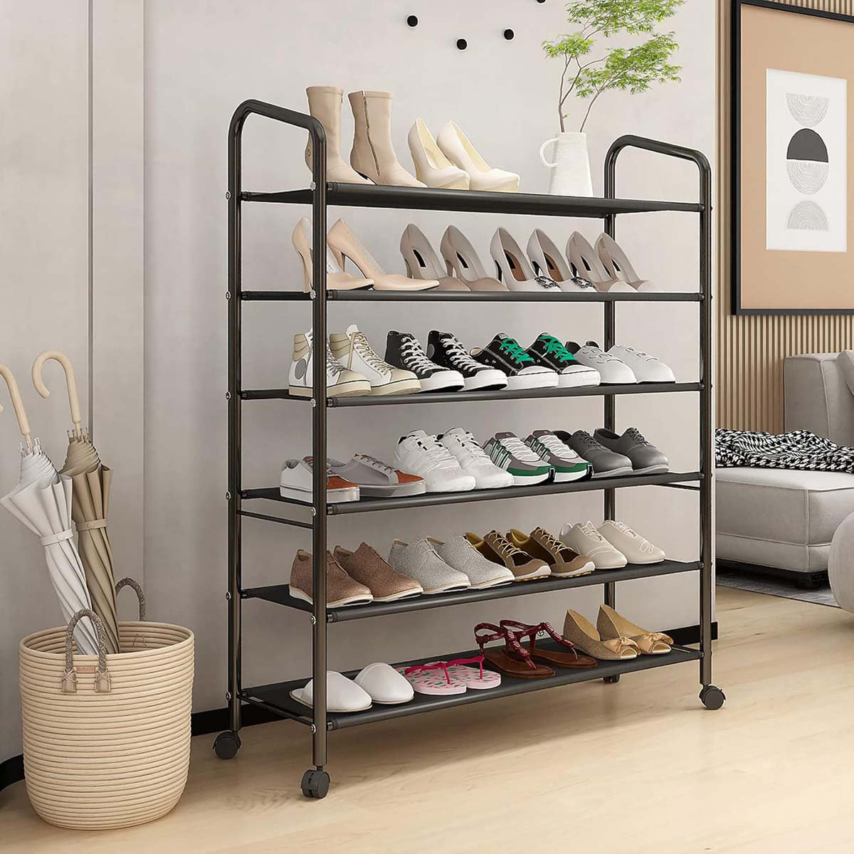 Latitude Run® 6-Tier Metal Shoe Rack,Non-Woven Fabric Shoe Shelf,Large ...
