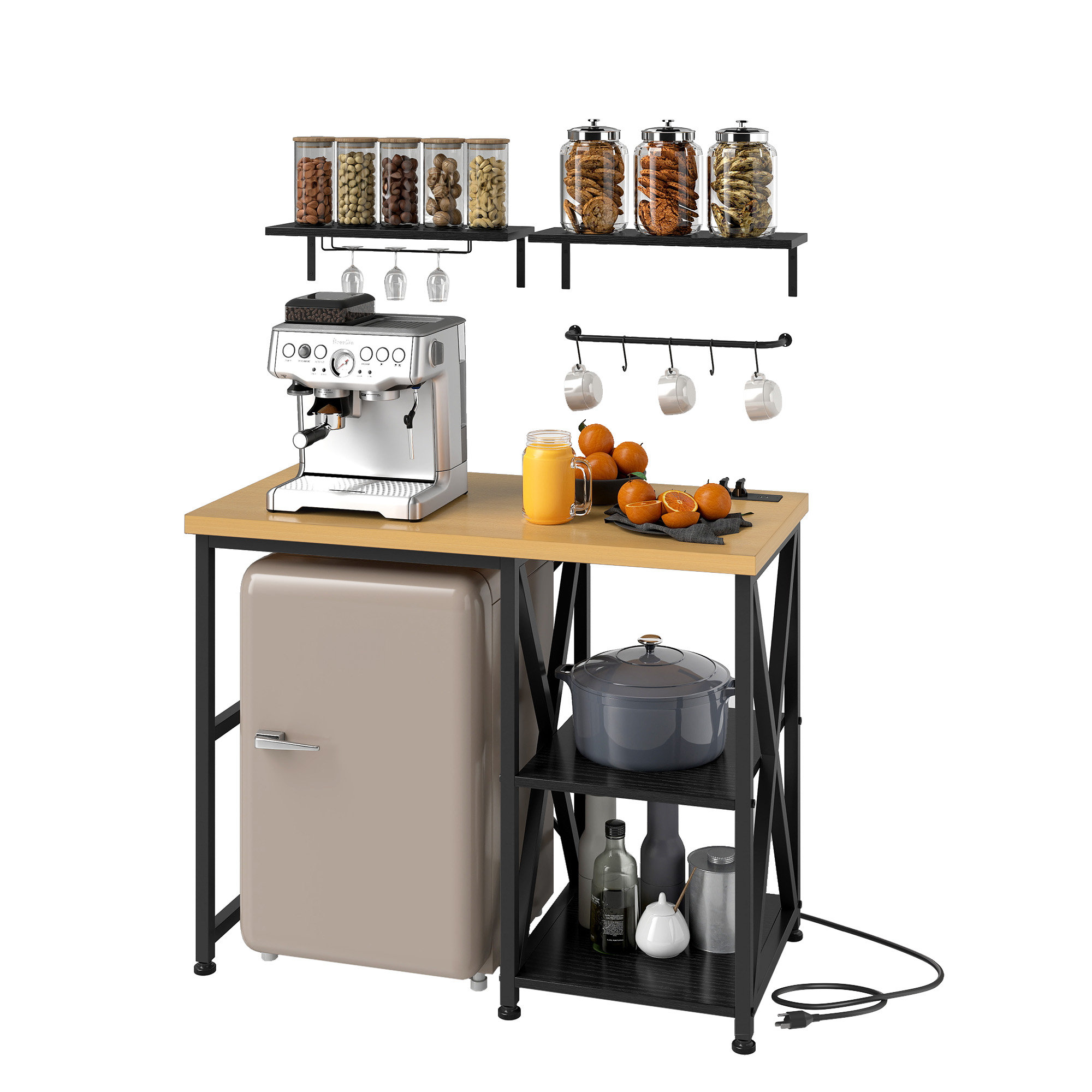 17 Stories 41.7"W Baker's Rack With Wall Mounted Glass Shelf, Mini ...