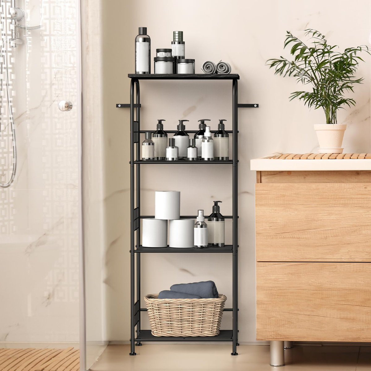 Rebrilliant 4 Tier Kitchen Storage Rack Metal Shelves With Wheels Large ...