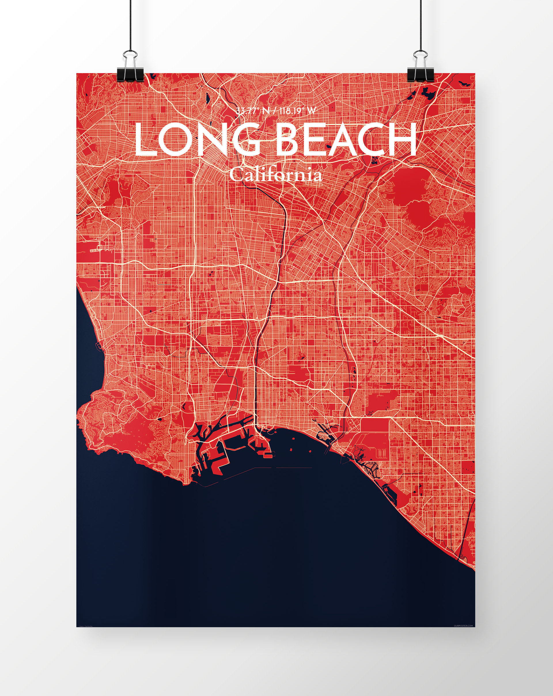 Wrought Studio™ 'Long Beach City Map' Graphic Art Print Poster in Red ...