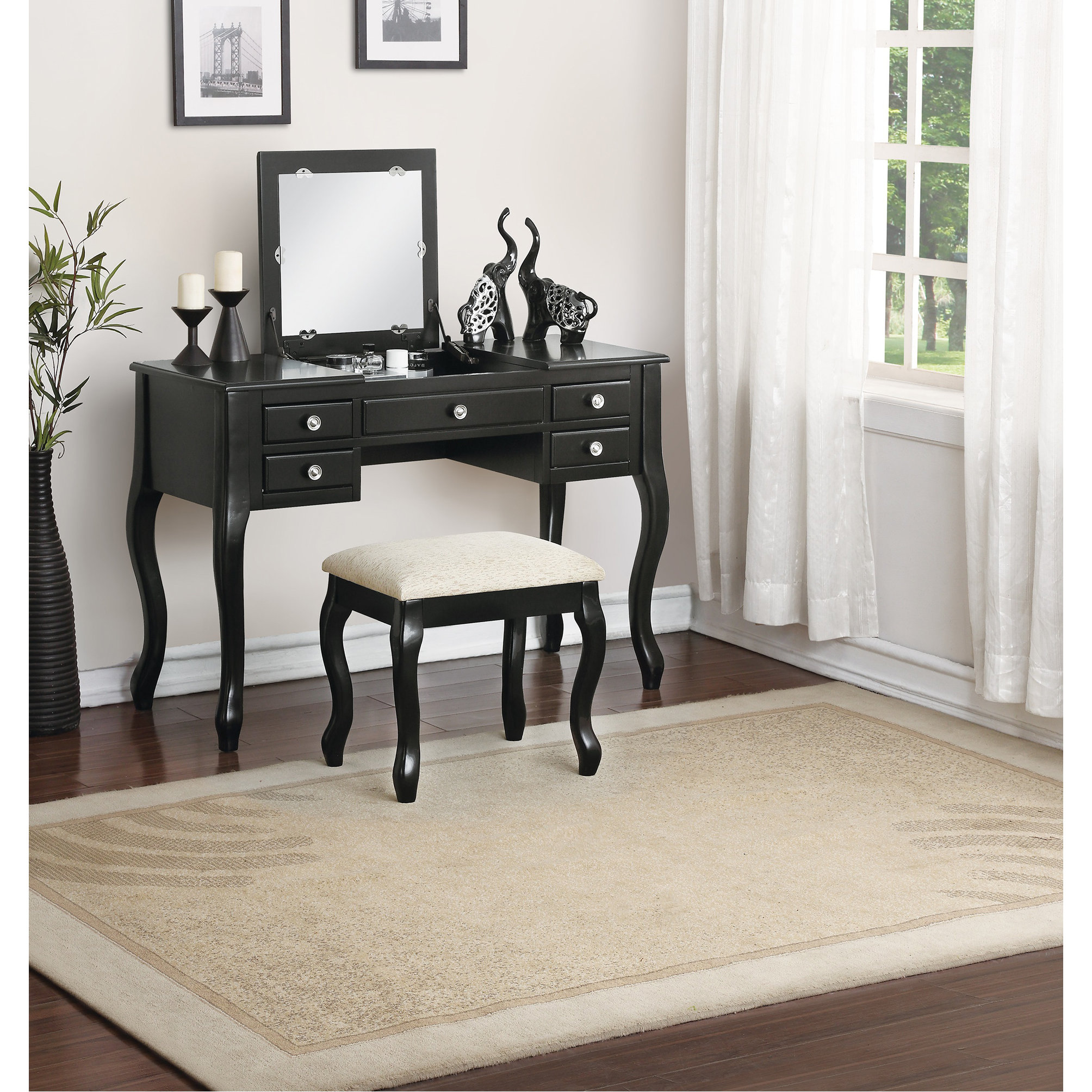 Bloomsbury Market Classic 1Pc Vanity Set W Stool Drawers Open-Up Mirror ...