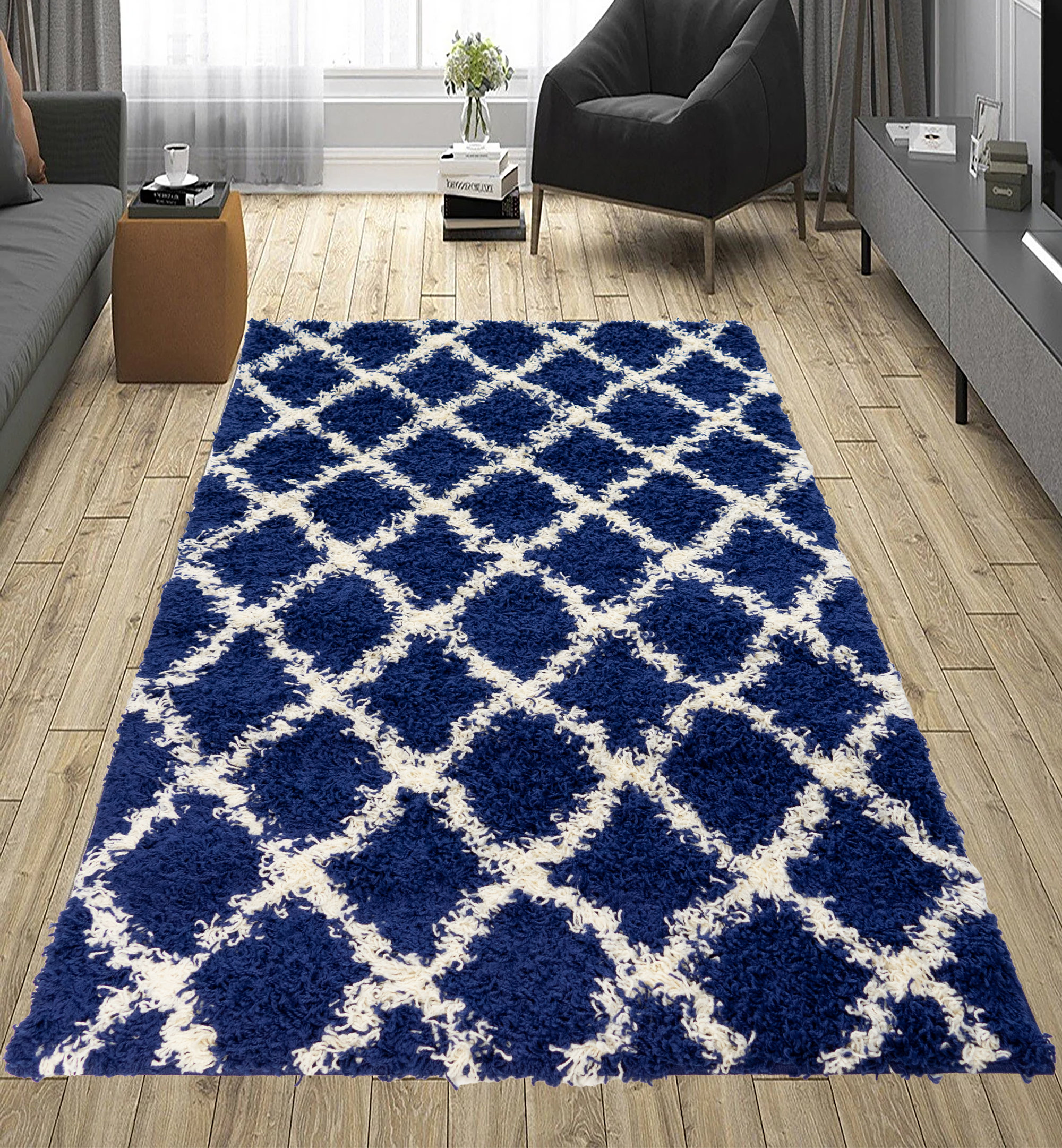Charlton Home® Eucptus Geometric Shaggy Dark Blue/White Jute Backing ...